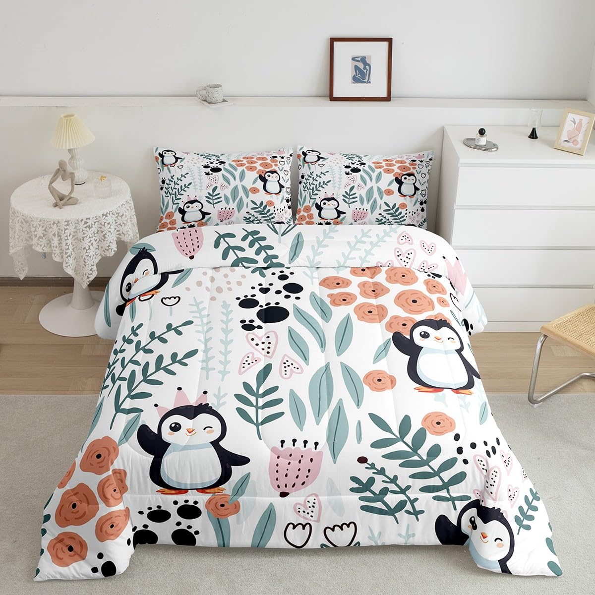 Penguin Comforter Set Kids Cartoon Penguin 100% Natural Cotton Bedding