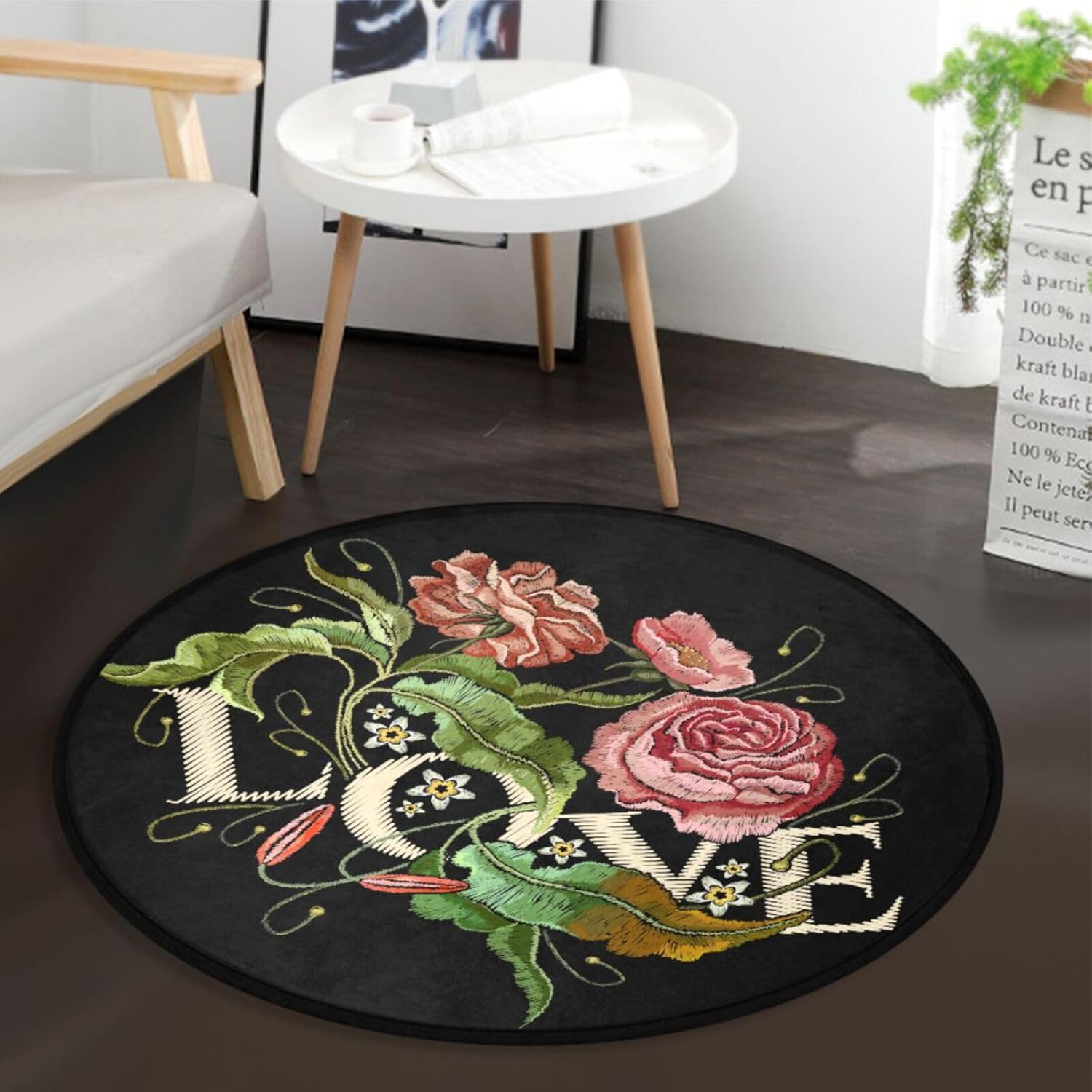Amazon.com: Embroidery Pink Rose Round Rug 3 ft for Bedroom Washable ...