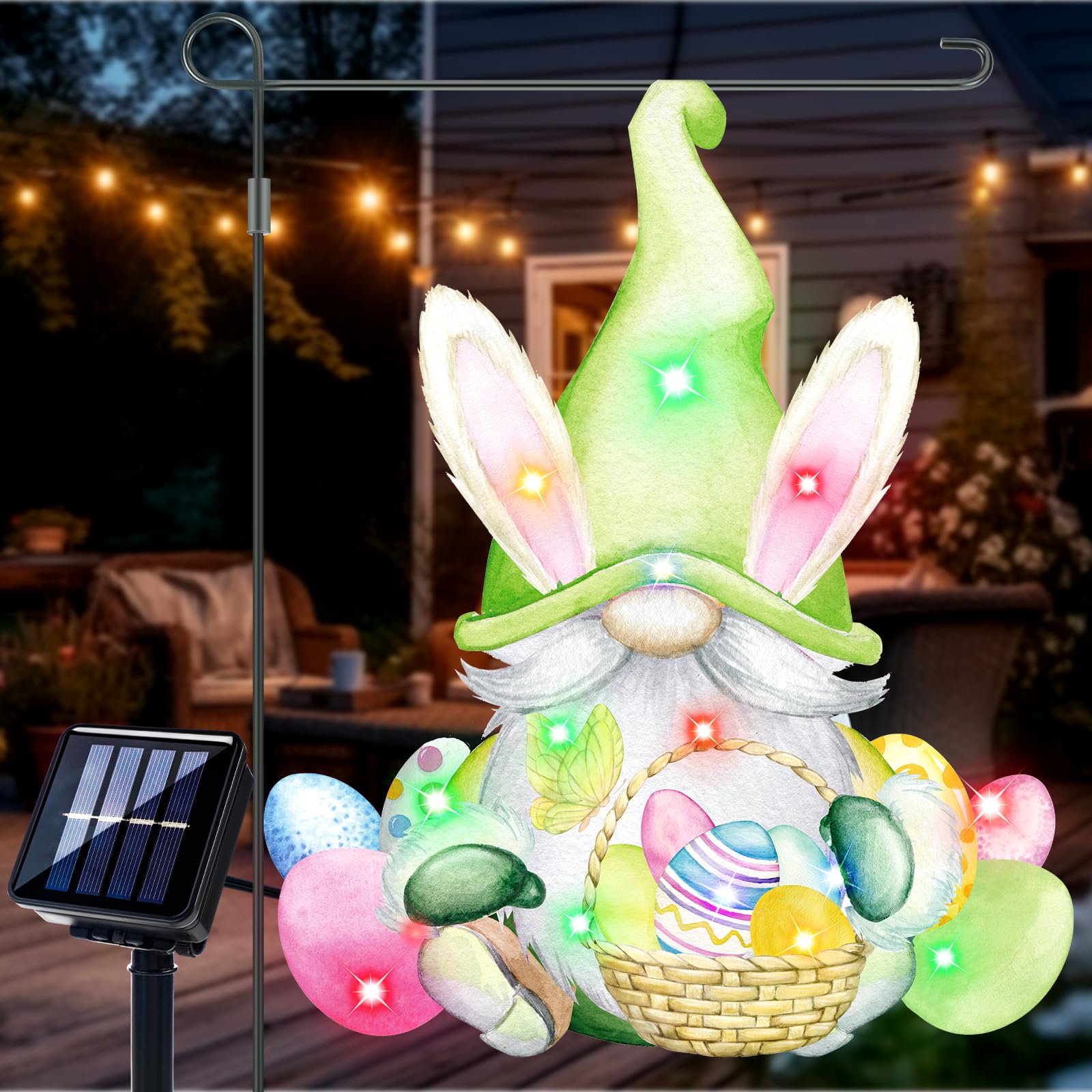 Lighted Easter Garden Flag Solar Bunny Gnomes Egg Spring 8 Modes Double ...