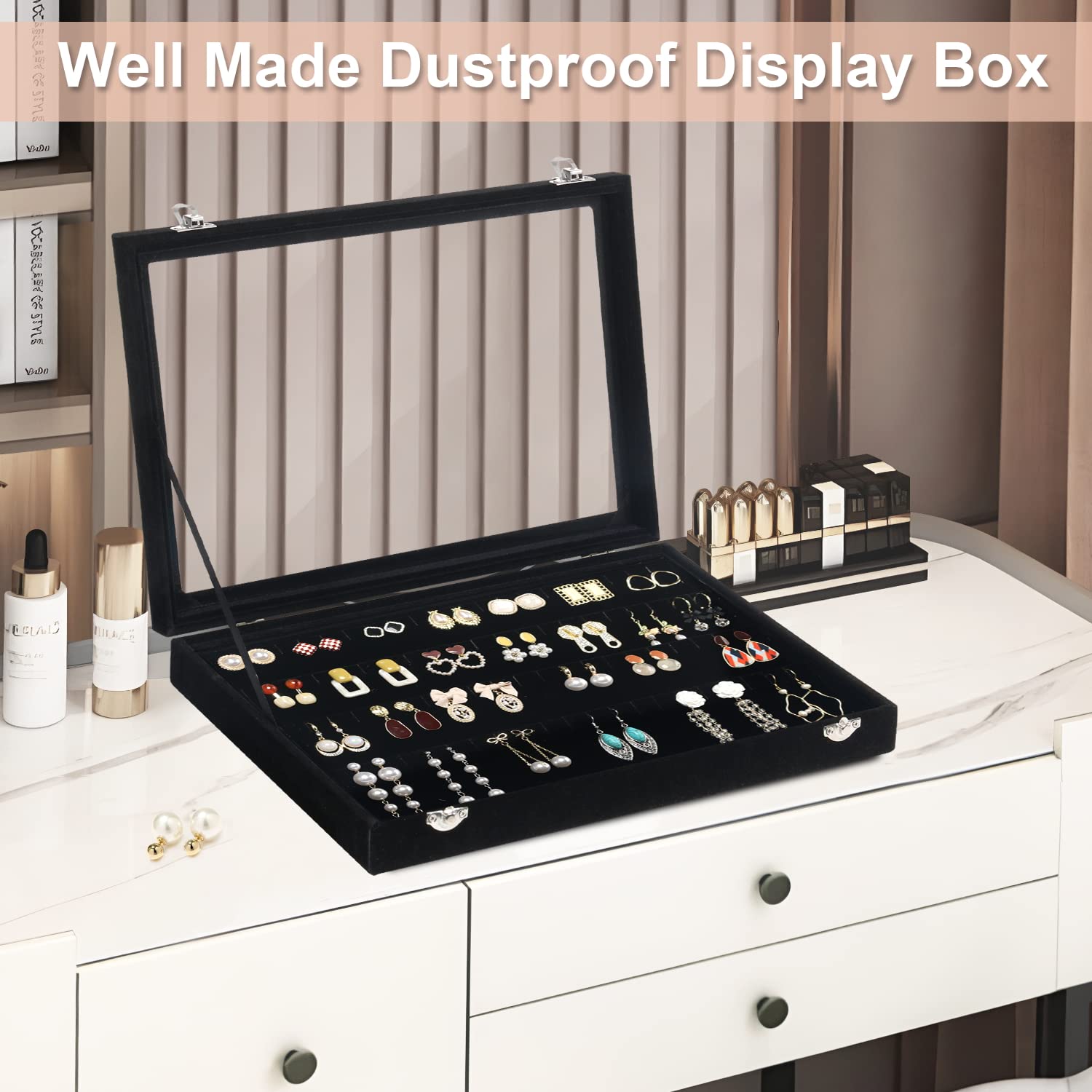 Jenseits Earring Organizer Tray, Earring Box with Clear Lid 80 Slots ...