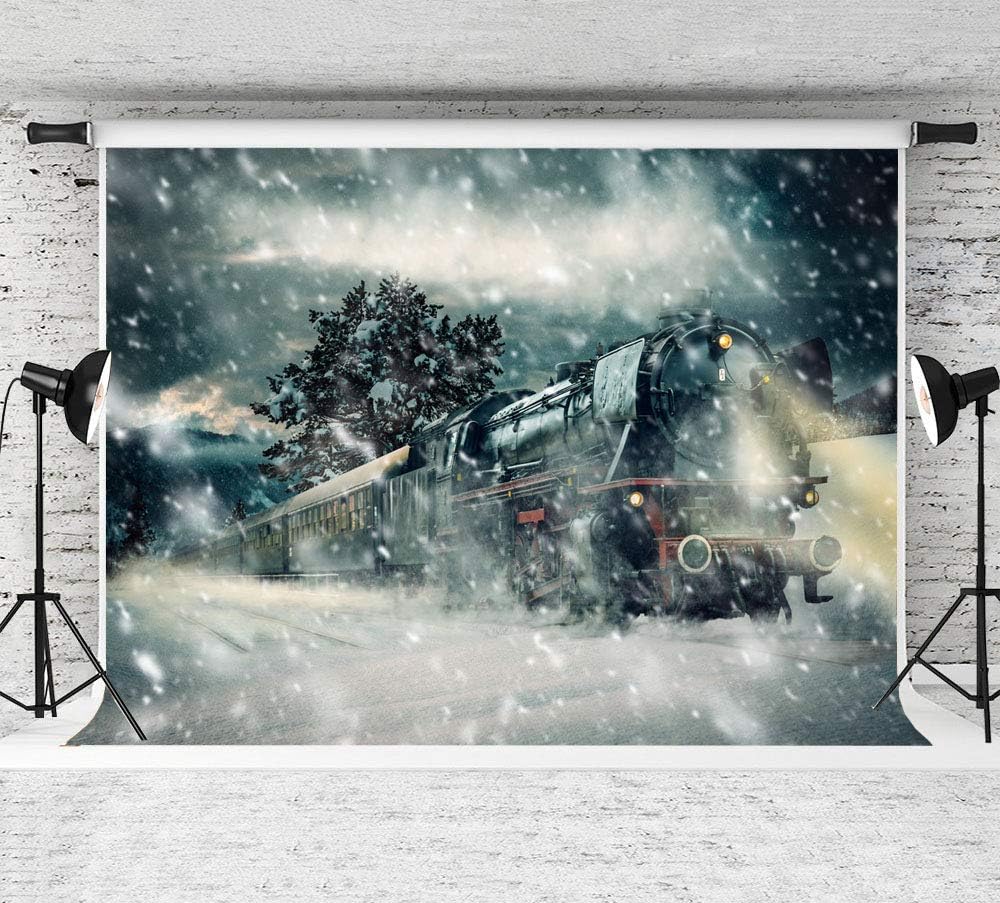 Amazon.com : TURKIO Fabric Winter Night Train Photography Backdrop No ...