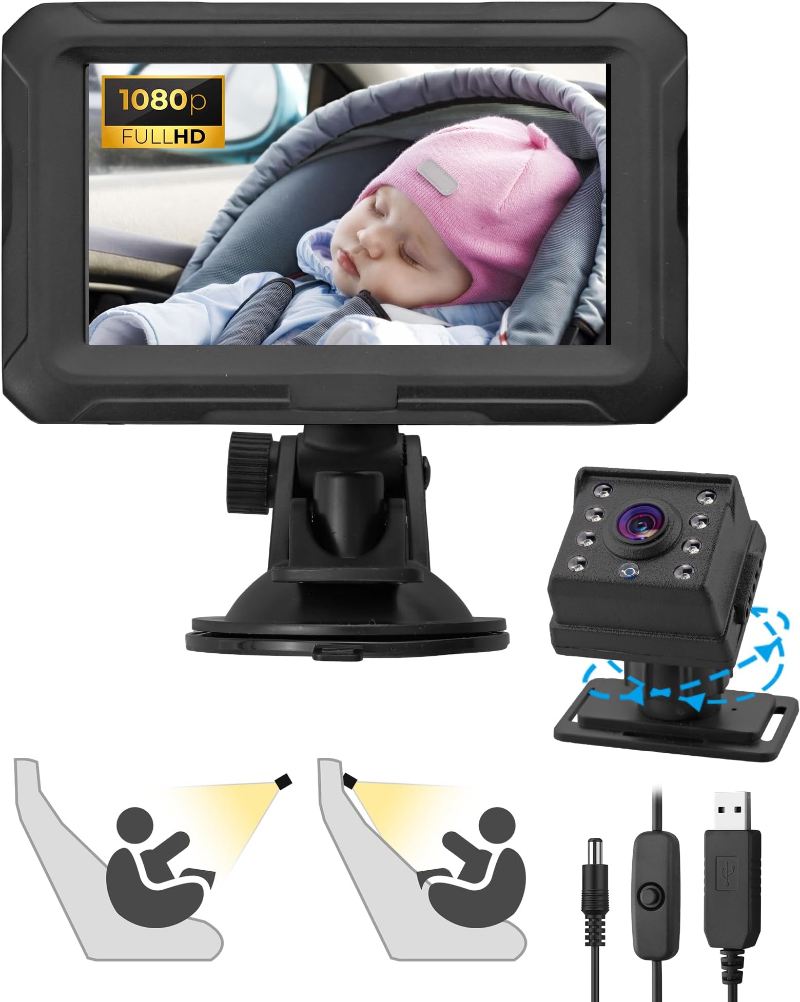 eSynic 1080P Baby Car Camera USB Baby Car Mirror 4.3'' Display Baby Car ...