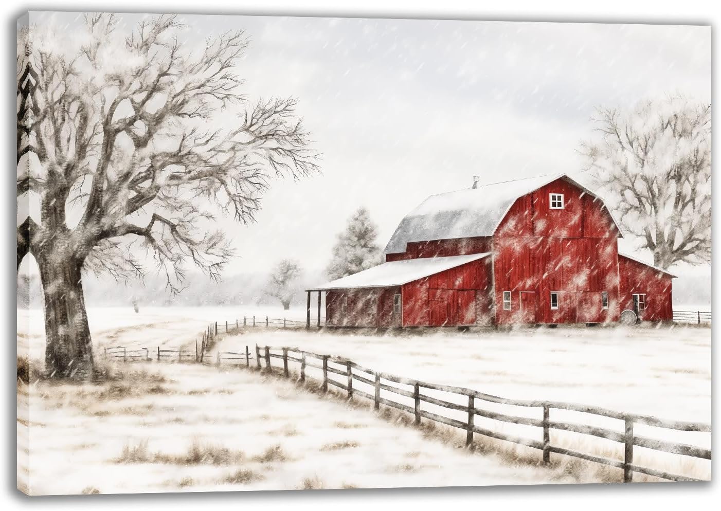 Amazon.com: Farmhouse Barn Winter Canvas Wall Art, Red Barn Snow Grass ...
