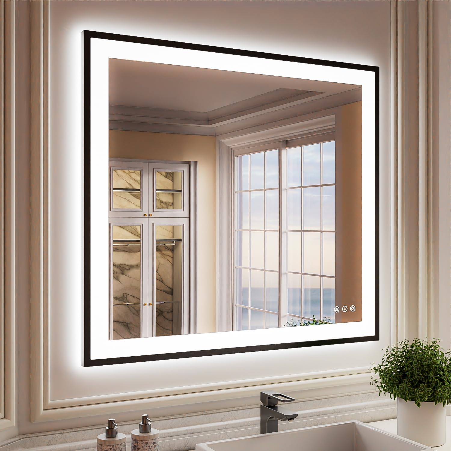 Amazon.com: ISKM Framed LED Mirror for Bathroom 40"x36", Dimmable LED ...