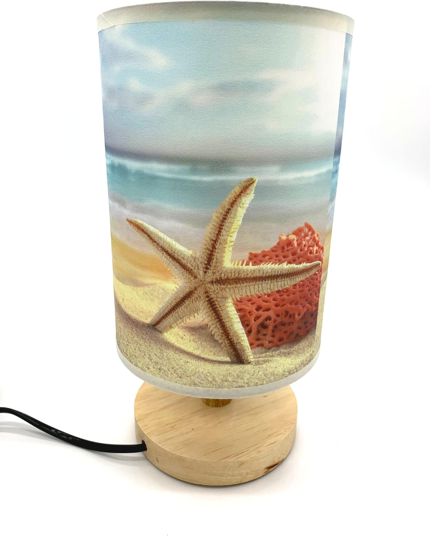 Beach Scene Starfish Sea Stars Table Lamp Bedside Night Light Wood Base ...