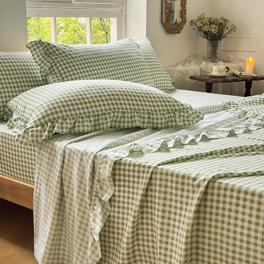 Amazon.com: NSNLGSGC Sage Green Gingham Ruffle Twin Sheet Set, Green ...
