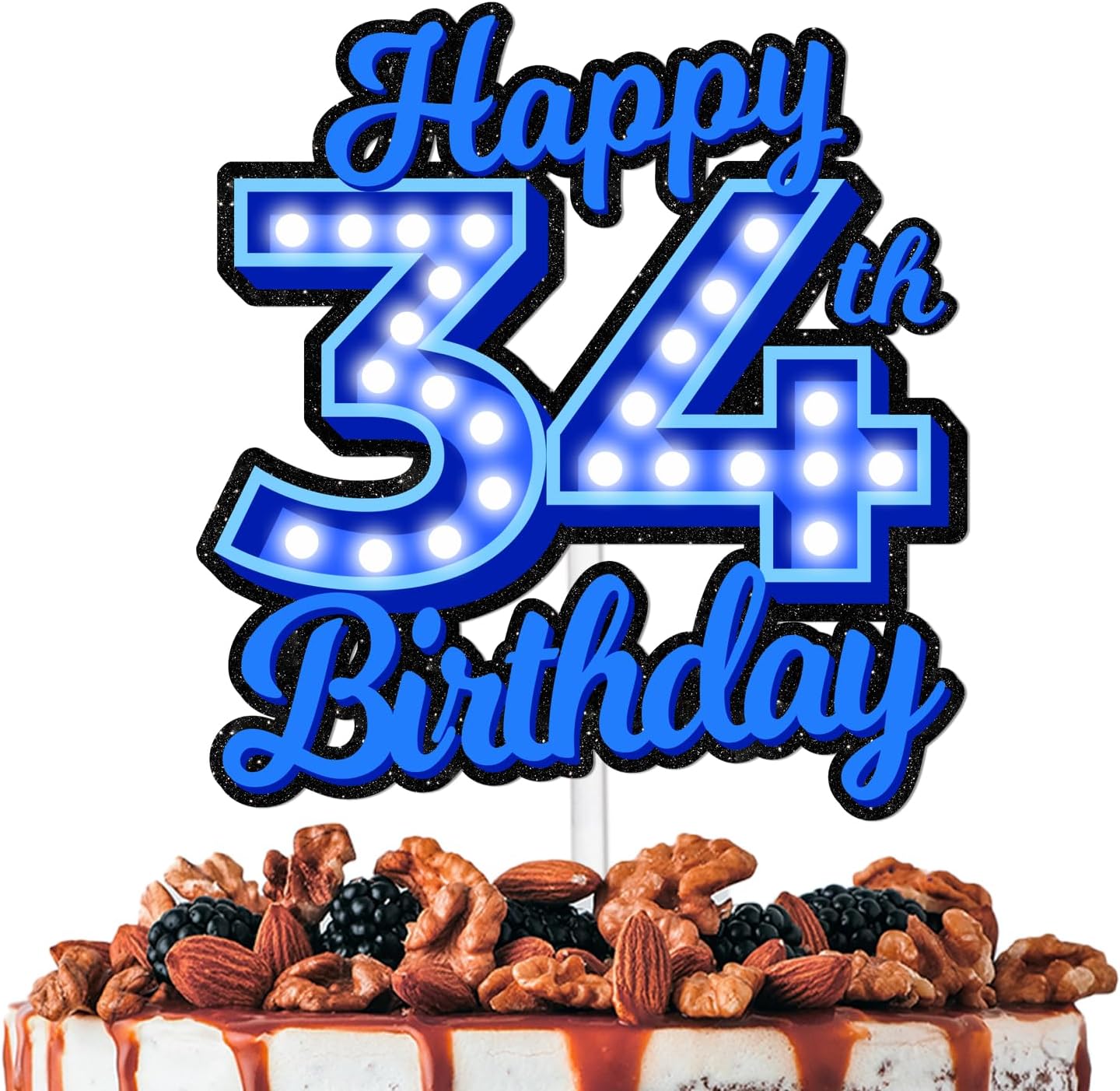 Amazon.com: Blue Glitter Happy Birthday 34th Cake Topper Let’s Glow ...