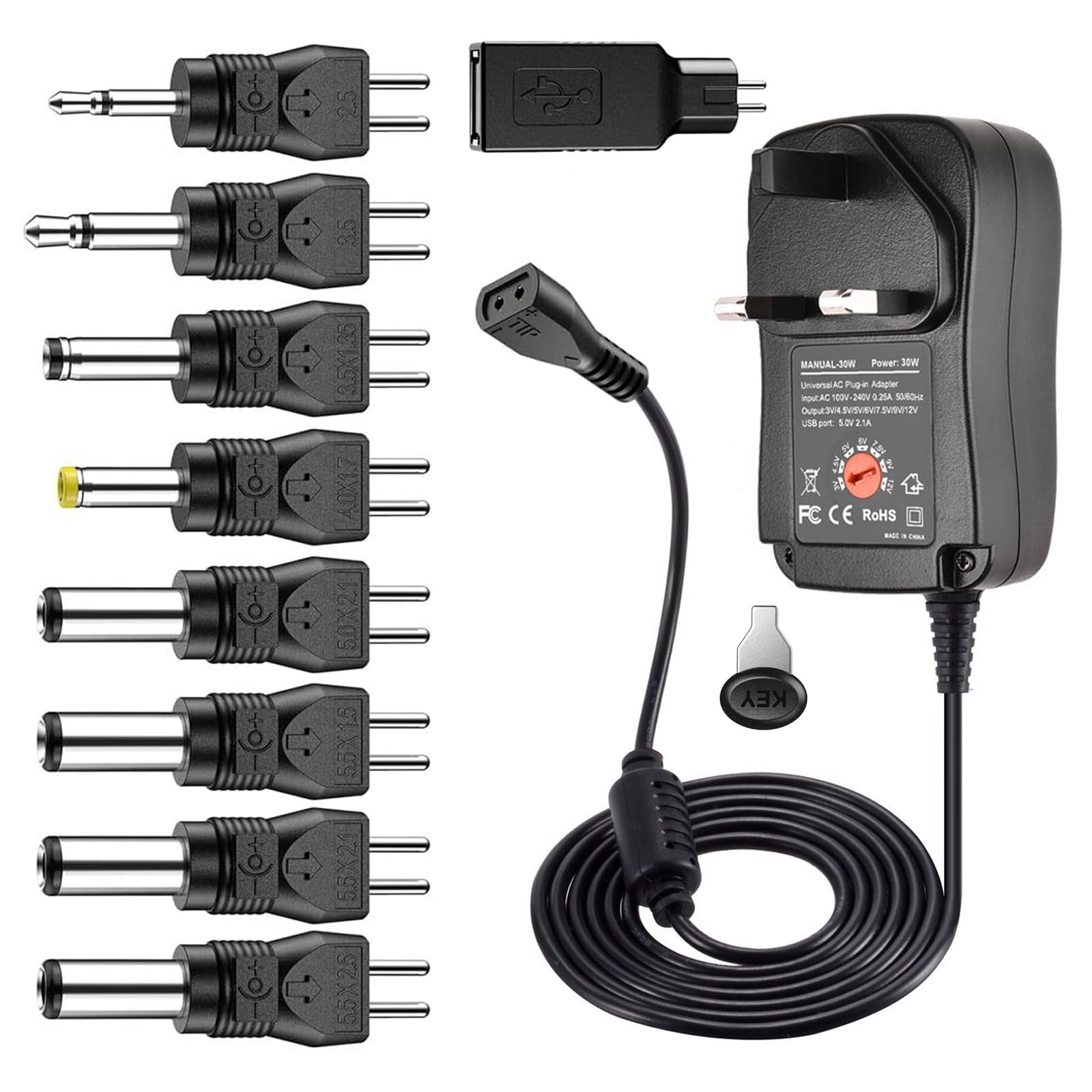 Multi Voltage Power Adapter, Reversible Polarity 30W Universal 3V 4.5V ...