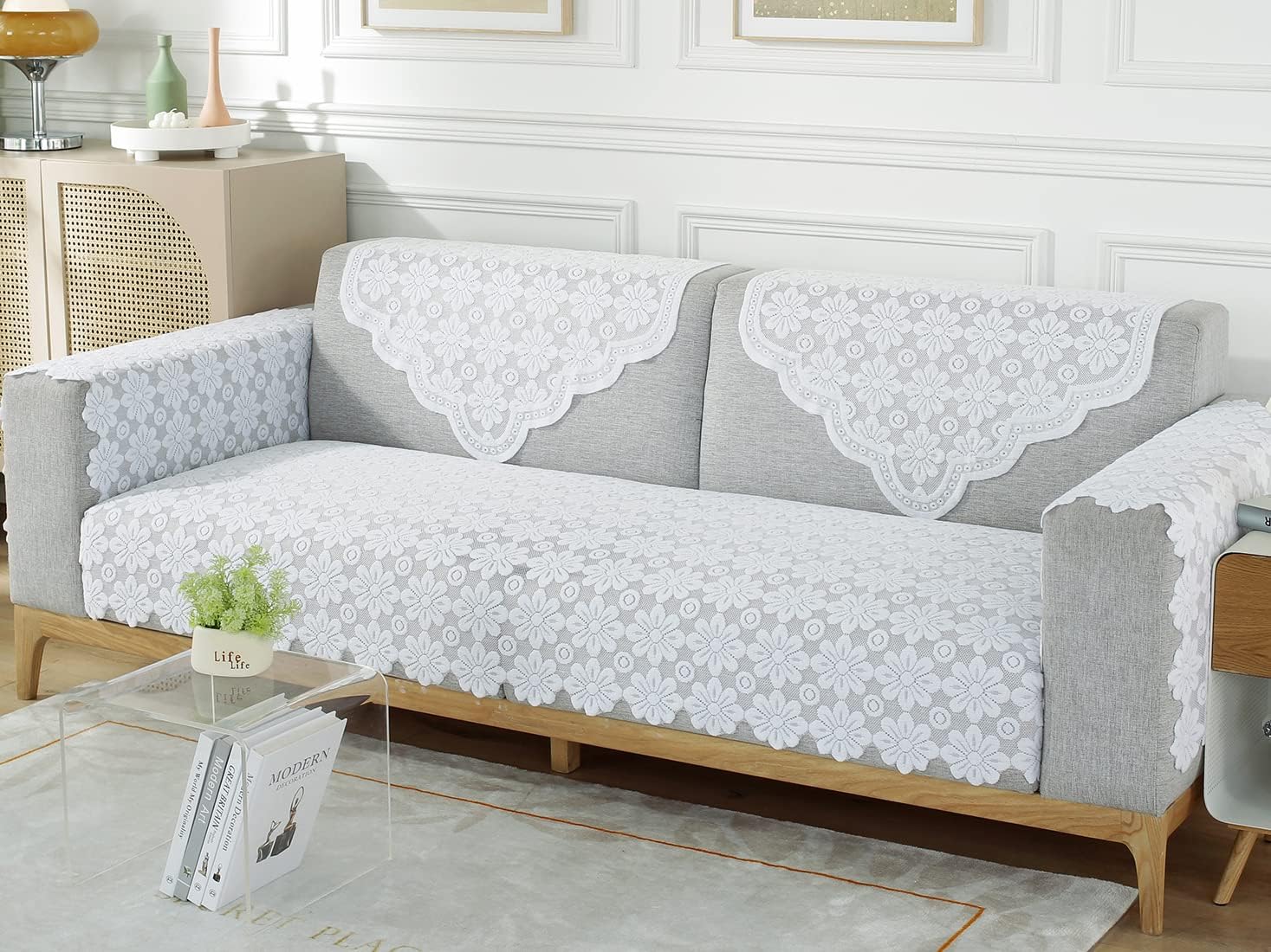Amazon.com: vctops White Lace Couch Cover Embroidered Sofa Covers for 3 ...