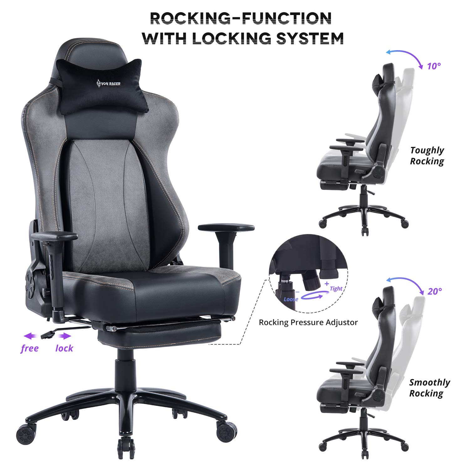 VON RACER Big & Tall 350lbs Massage Gaming Chair with Retractable ...