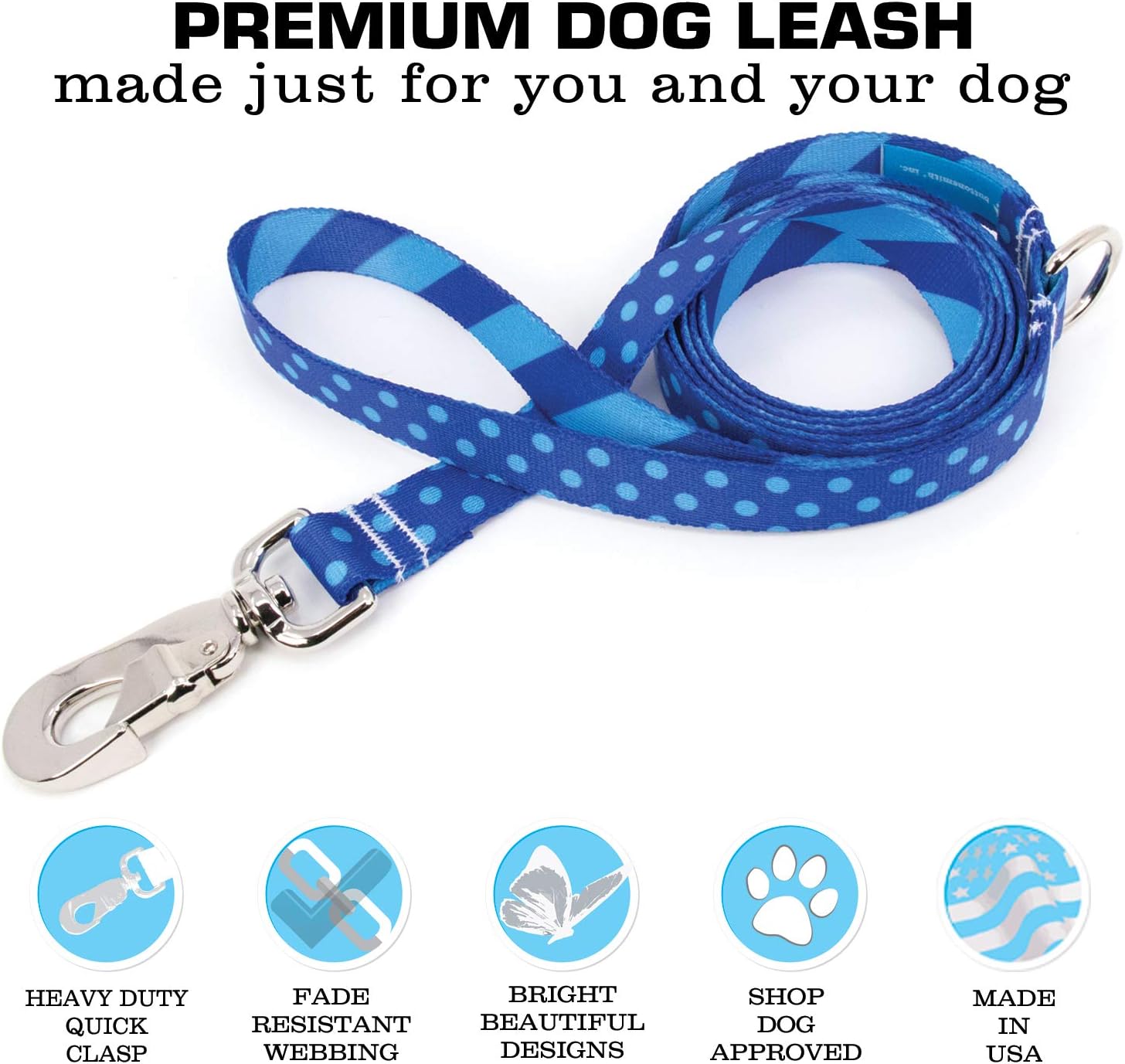 Buttonsmith Blue Dots Dog Leash, 5 ft Length, Large Width Fadeproof ...