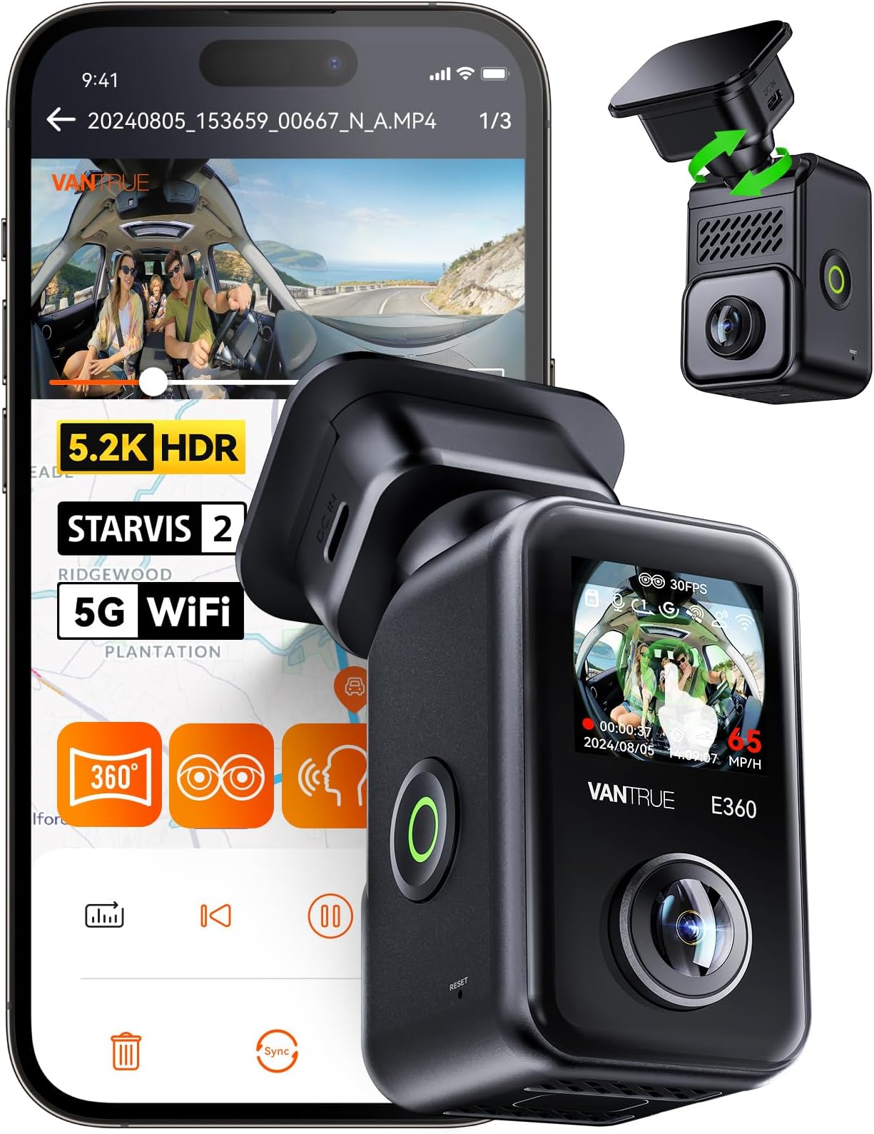 VANTRUE E360 5.2K Panorama Dashcam Auto Vorne Innen, Dual STARVIS 2 HDR 360° Dash Cam, 1.54 ...