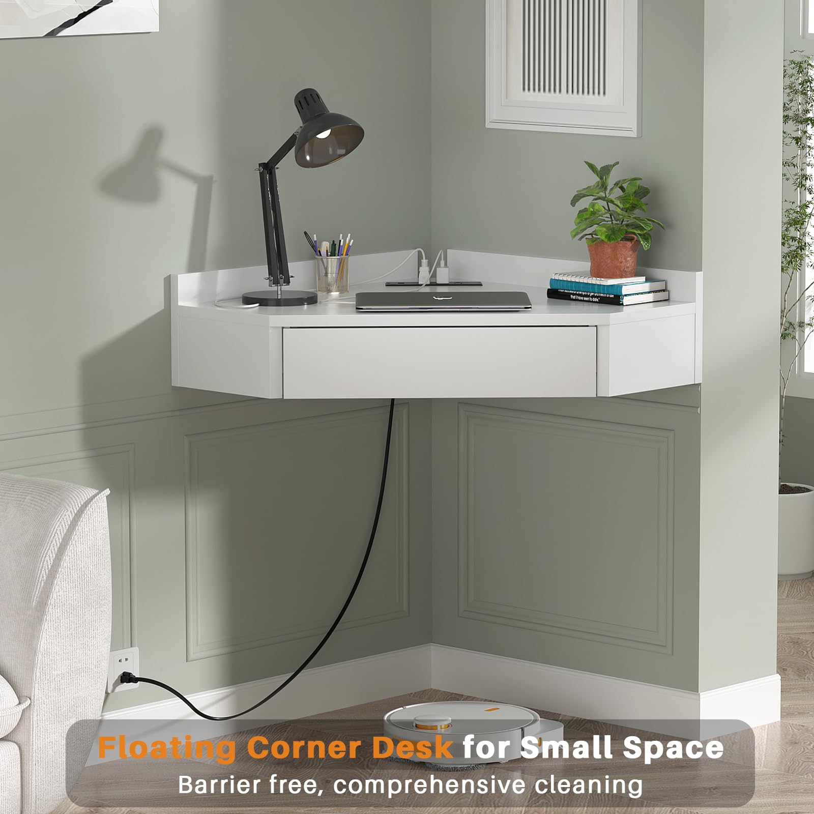 armocity Floating Corner Desk with Outlets & USB Ports, Wall-Mounted ...