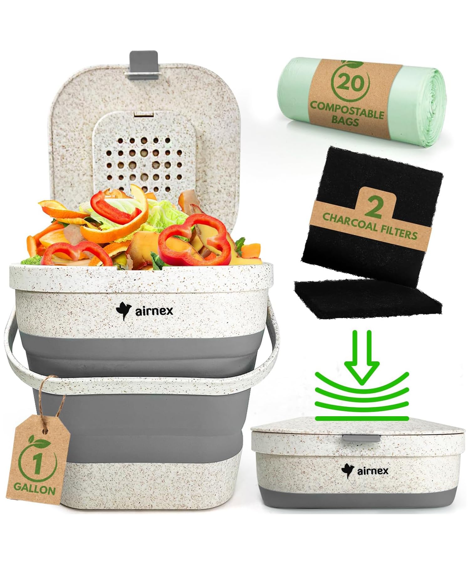 AIRNEX Collapsible Kitchen Compost Bin - Odor Free Indoor Compost Bin ...