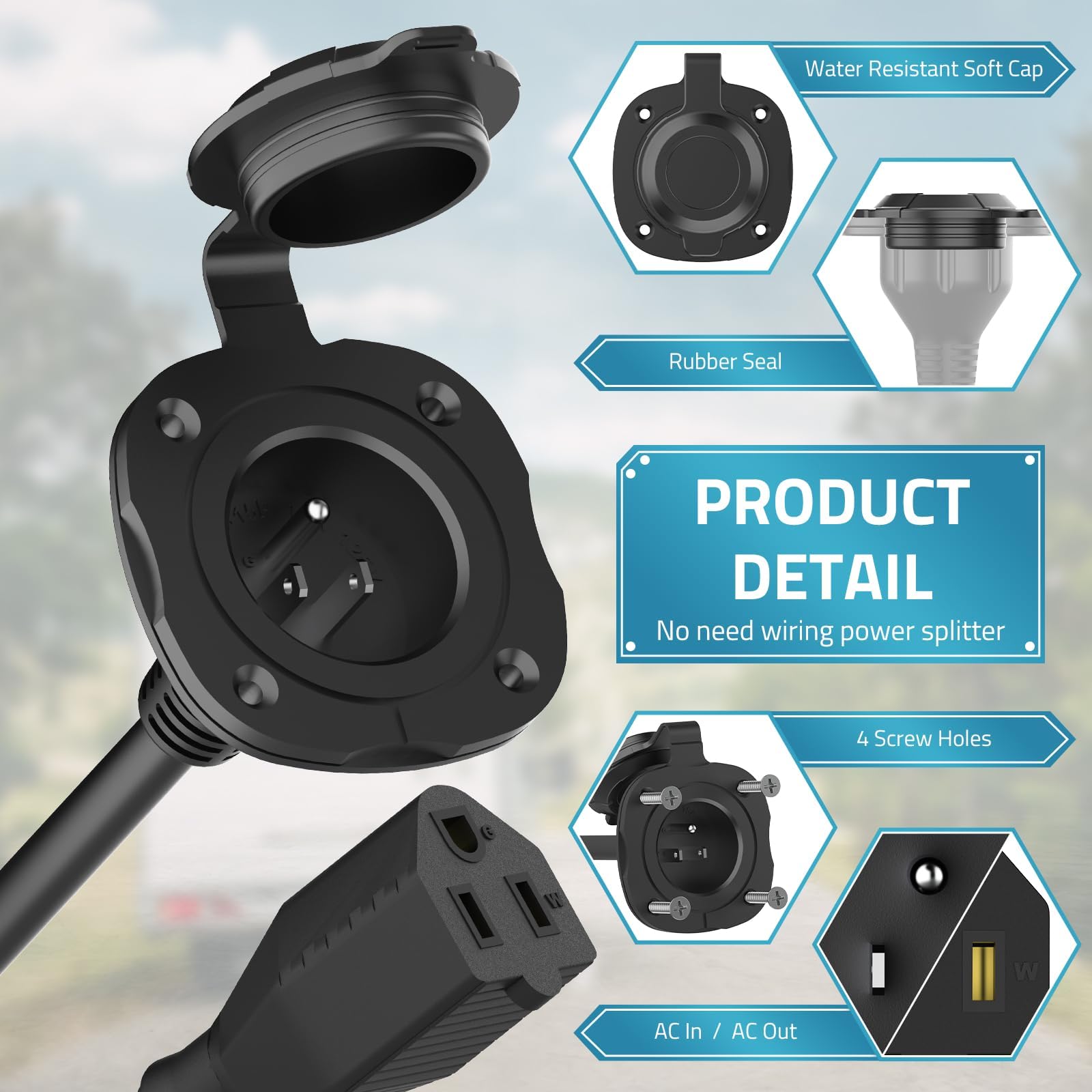 Snapklik.com : PAULINN 15 Amp 125V AC Power Inlet Port Plug W/Integrated Dual 18" Extension Cord ...