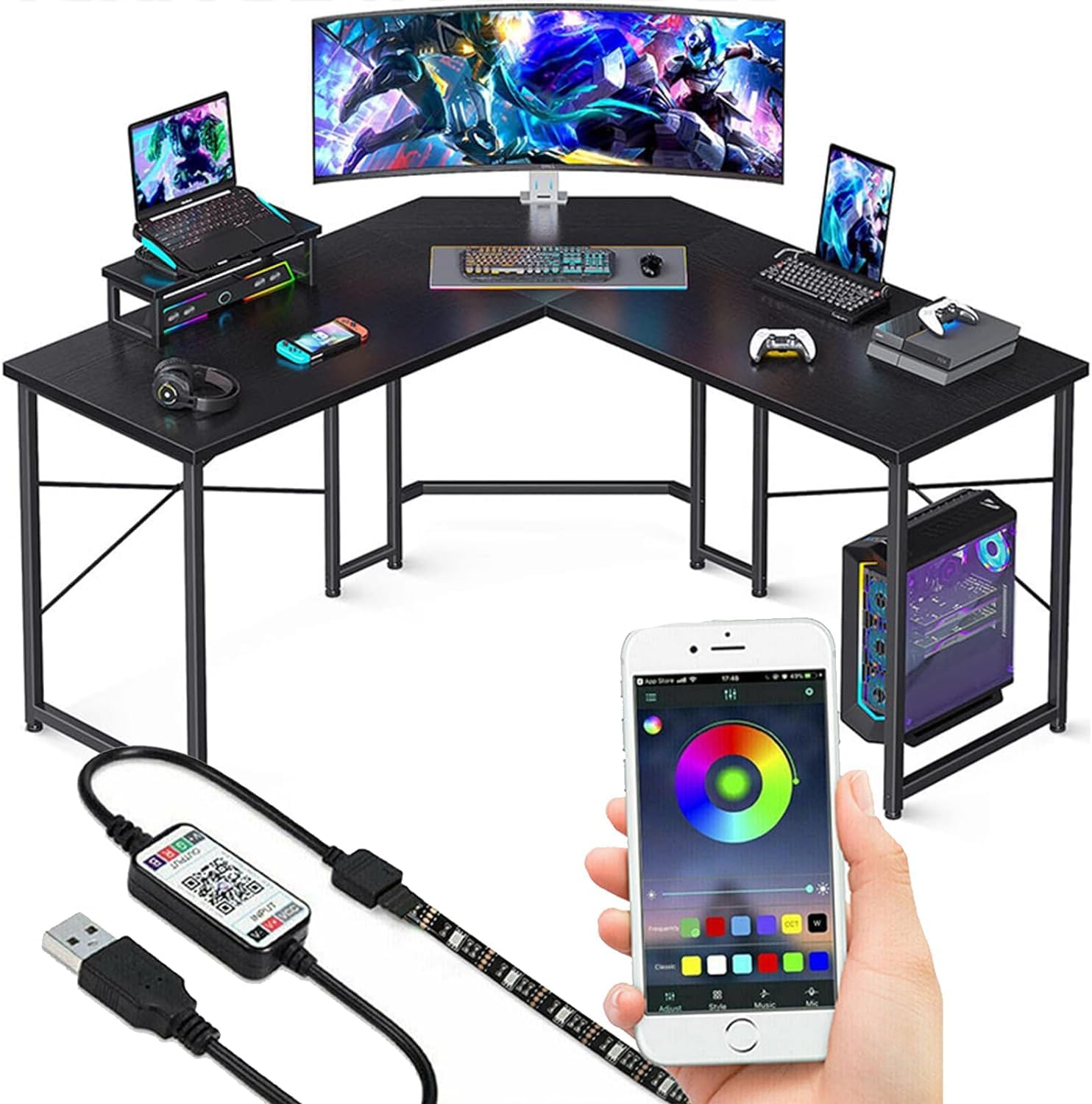 Buy L-Shaped Gaming Table with Light Strip-130cm Home Office Desk With ...