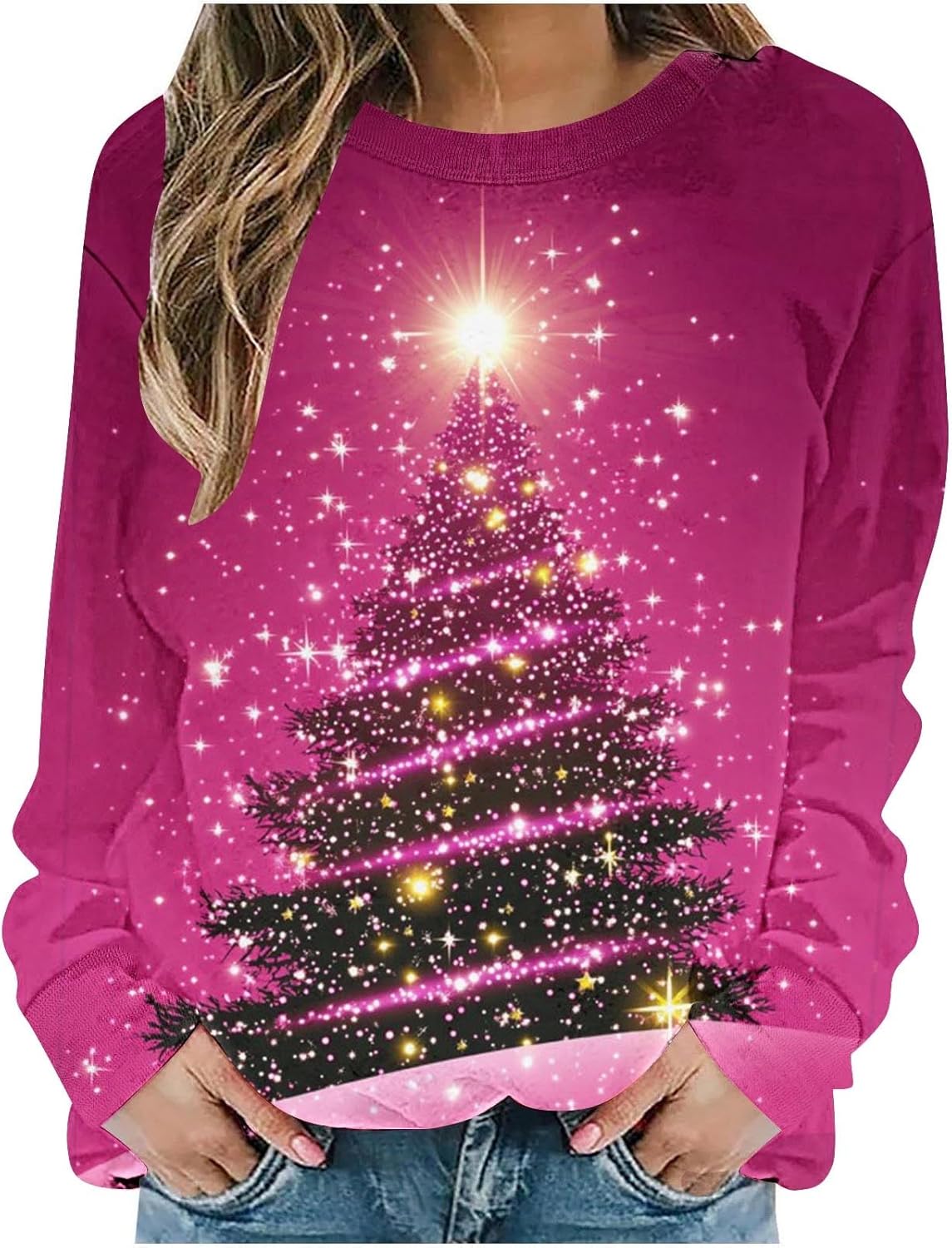 Christmas Sweatshirt for Women UK Glitter Xmas Tree Print Long Sleeve ...