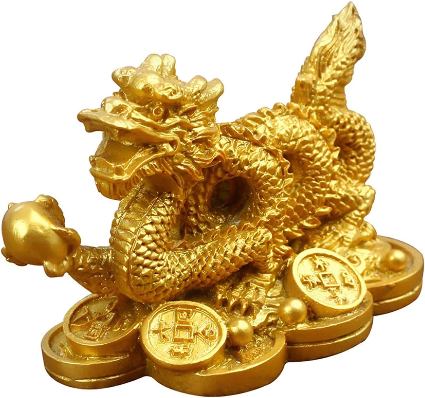 Amazon.com: Golden Feng Shui Dragon on Money Coins Figurine Statue ...