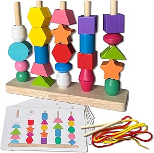 Amazon.com: Wooden Beads Sequencing Montessori Toys, Colorful Lacing ...