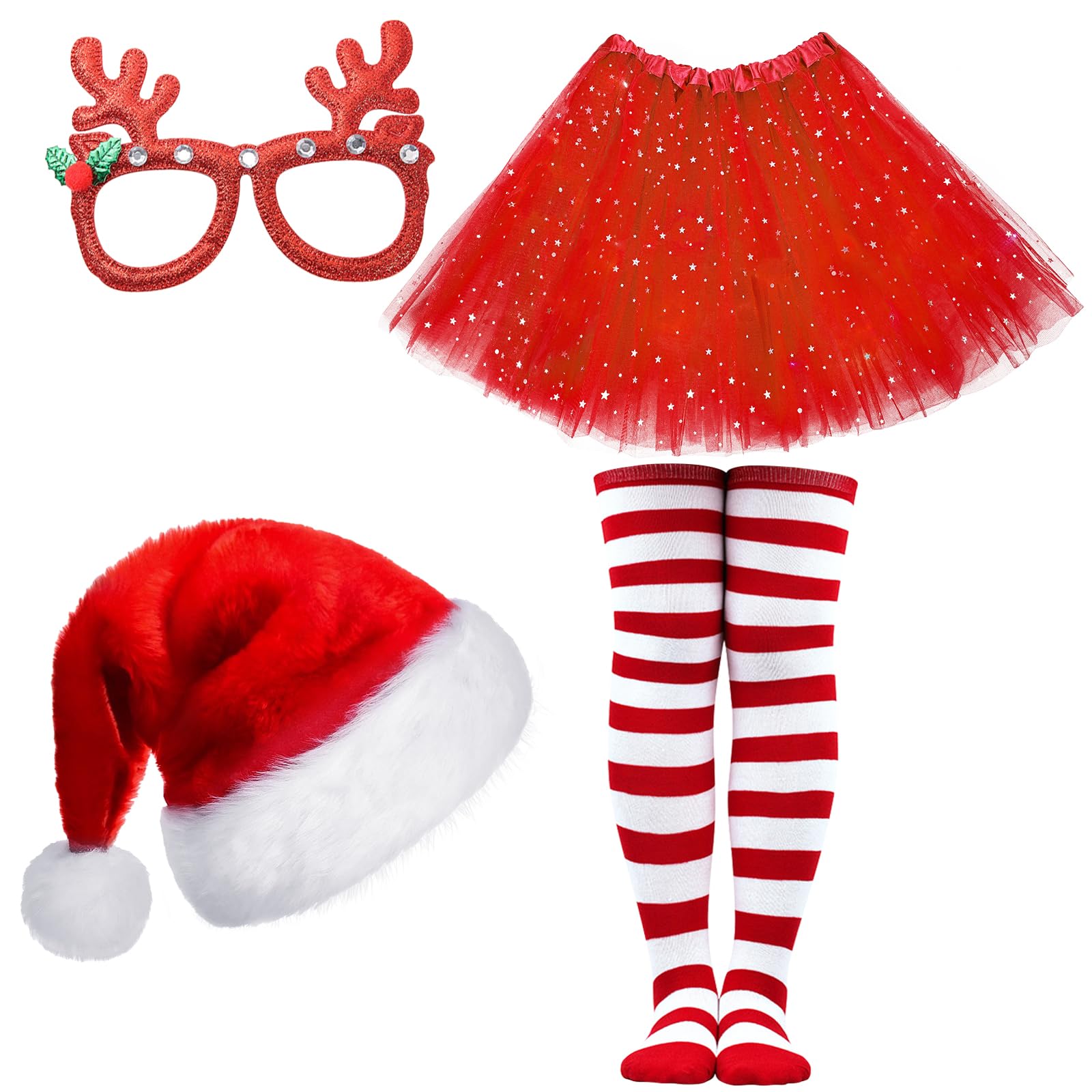 Amazon.com: Hikkcos 4Pcs Christmas Costume Set Red Santa Hat Tutu Skirt ...