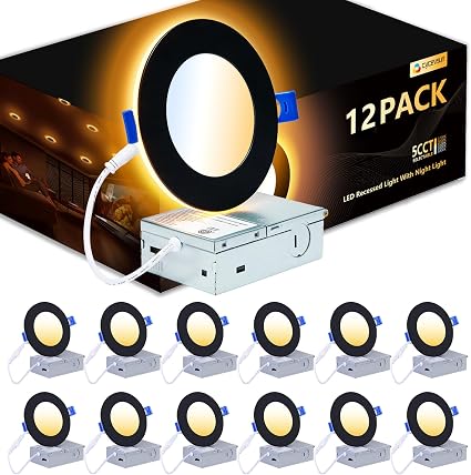 CycevSun Pot Lights LED 4 Inch Black Recessed Lights with Night Light ...