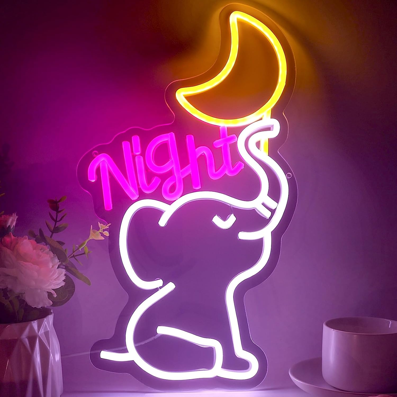 Moonlit Elephant Neon Sign for Wall Decor, Cute Dimmable Animal Neon ...