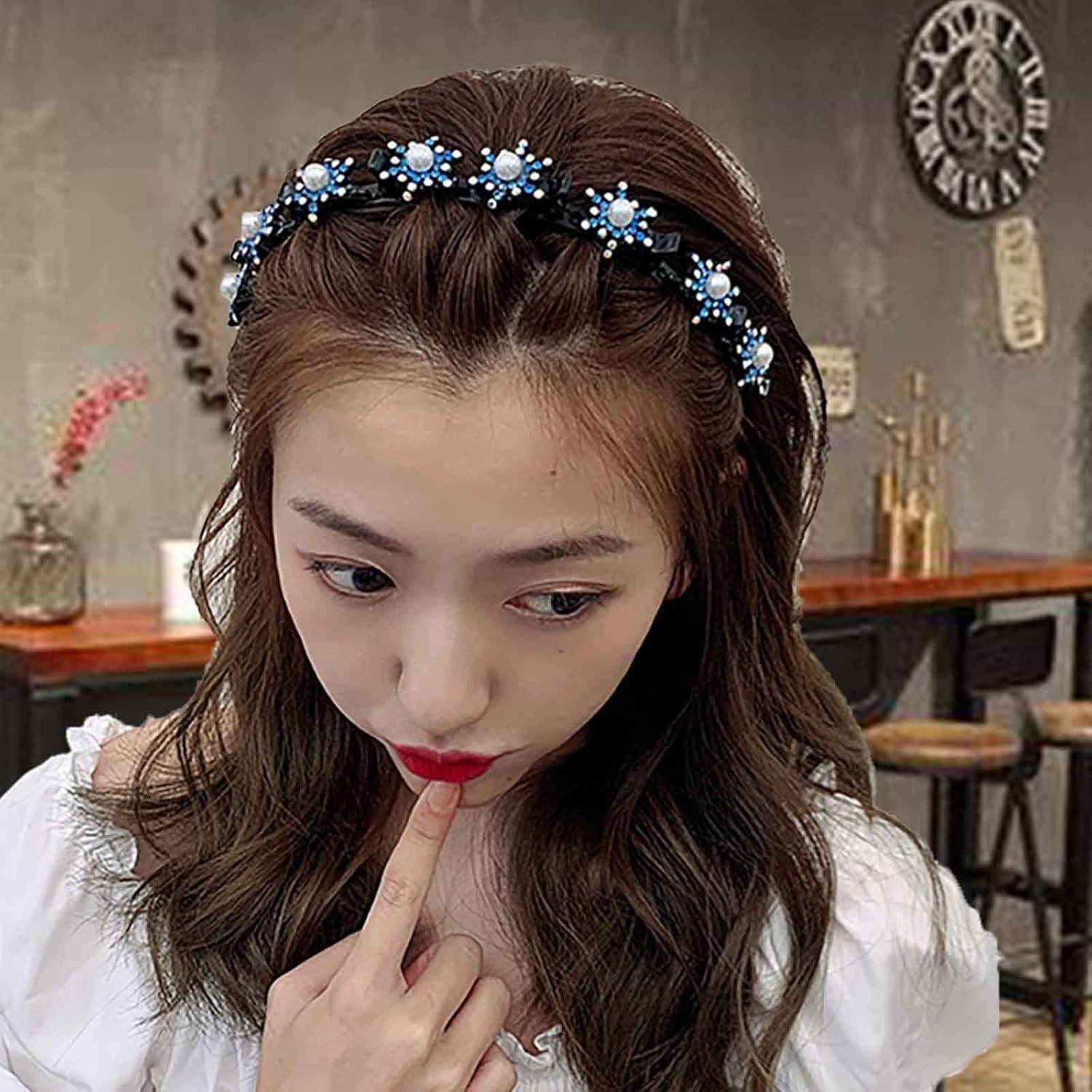 Amazon.com : YienDoo Pearl Crystal Hair Band Blue Crystal Snowflake ...