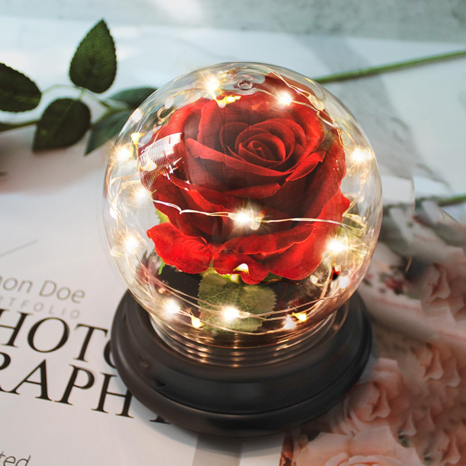 Gift for Her Mom Women,Artificial Flower Rose Light Up Rose in A Dome ...