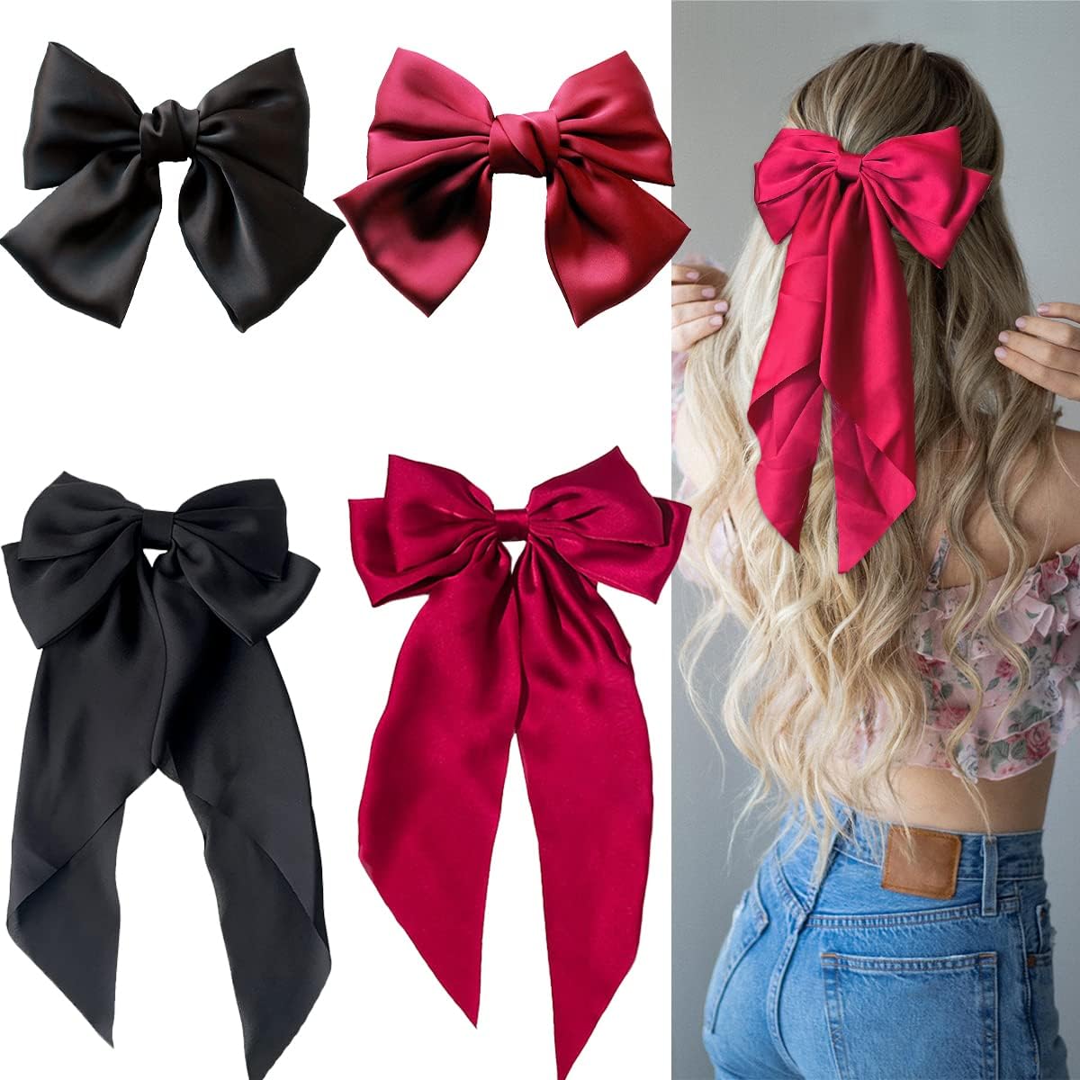 Amazon.com : BOYIVI 4 Pieces Silky Satin Hair Bows, Soft Ribbon Clips ...