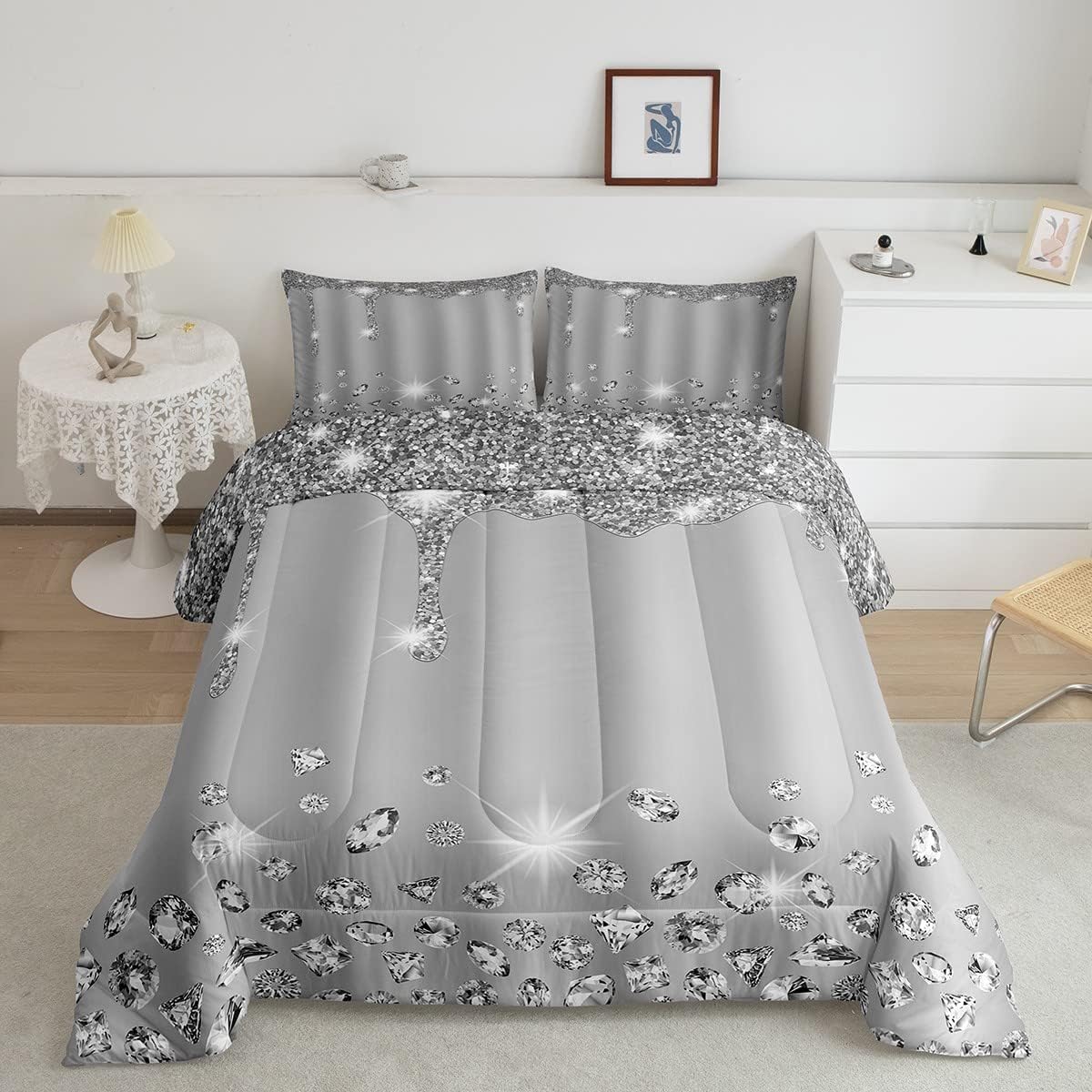 Amazon.com: Feelyou Silver Glitter Print (No Glitter) Bedding Set Bling ...