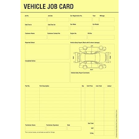 BIGBOLD CREATIVE Vehicle Service Repair Job Work Card Record Sheet for ...