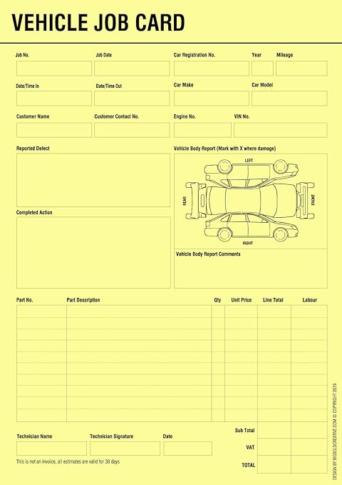 Vehicle Service Repair Job Work Card Record Sheet for Car Service ...
