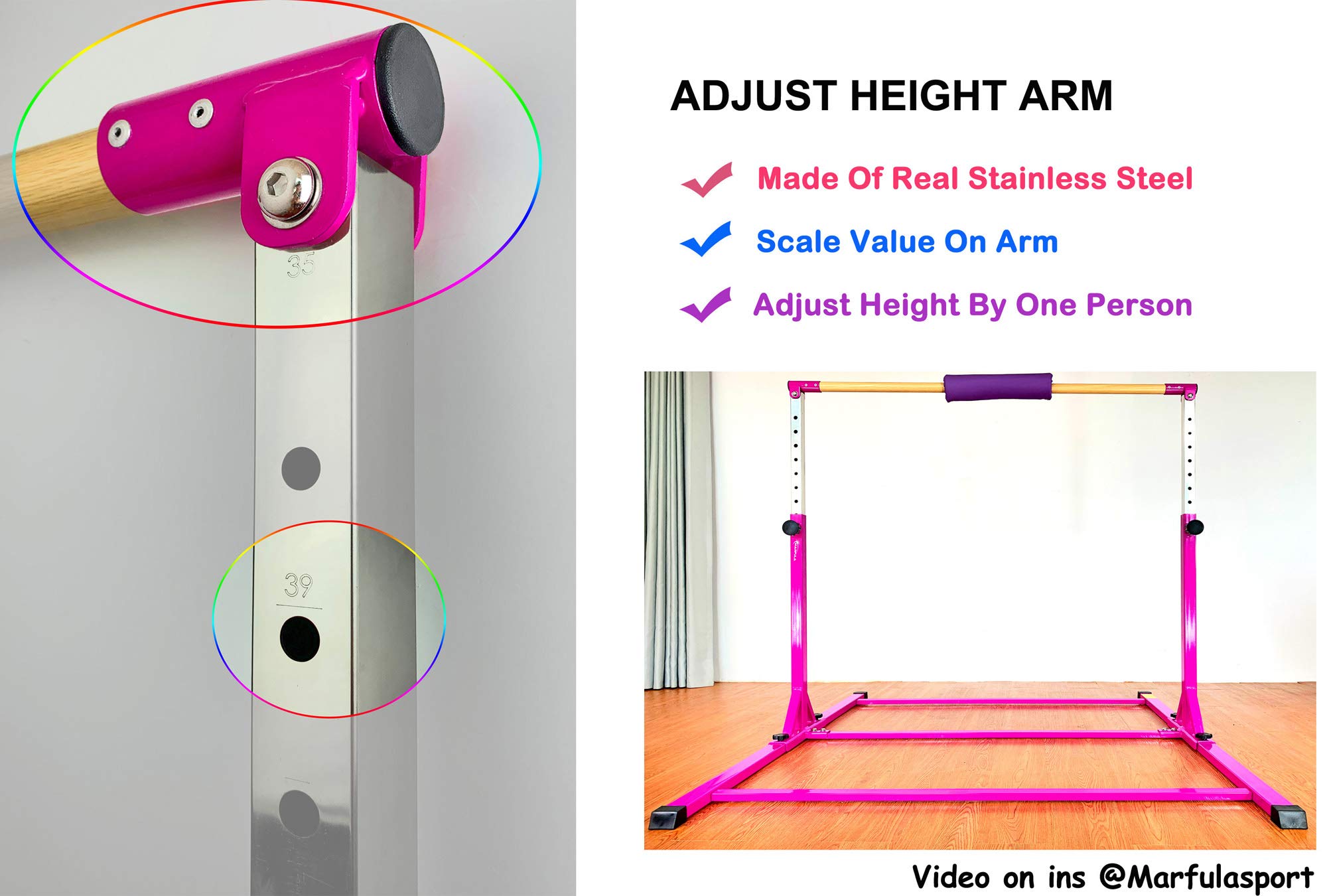 MARFULA Adjustable Gymnastics Bar Kip Bar with Fiberglass Rail & 304 ...