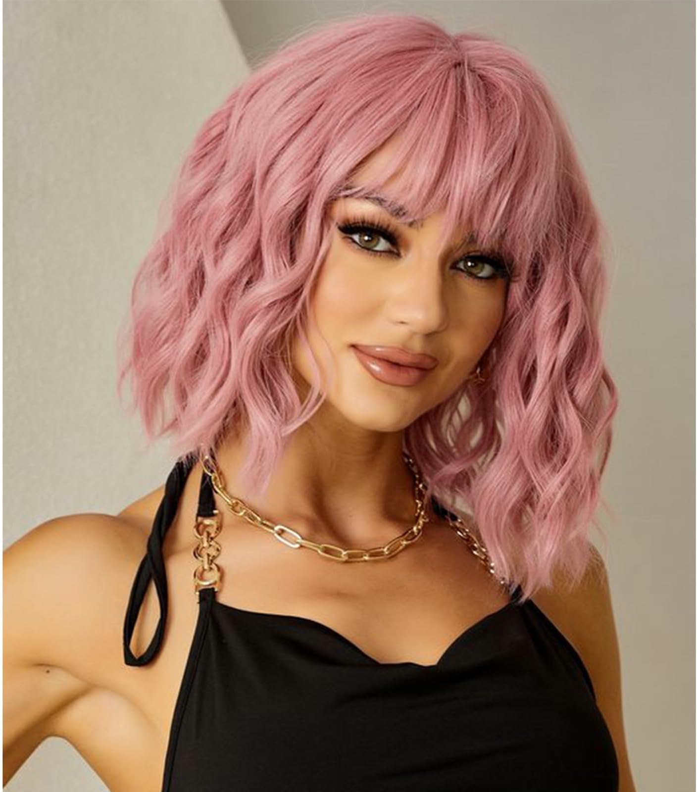 Amazon.com : Pink Wavy Wig With Bangs, Wavy Bob Wigs for Women, Wavy Bob Wig with Bangs ...