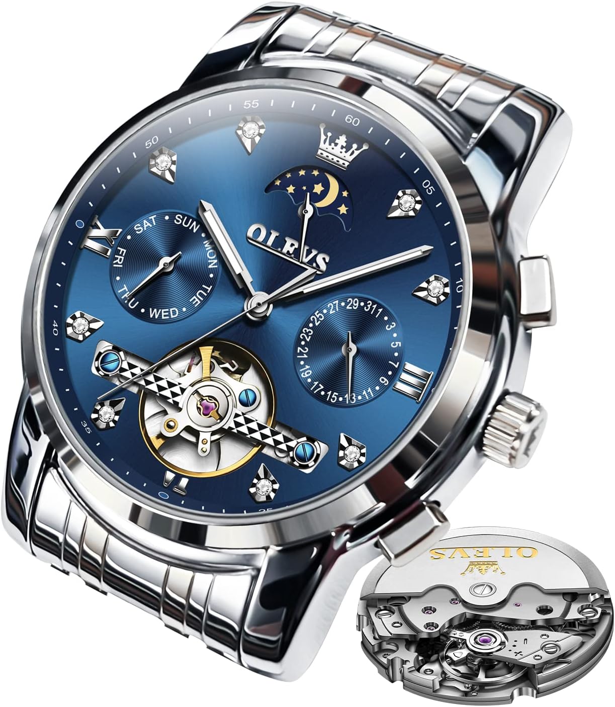 OLEVS Herrenuhren Automatik Mechanische Silber Armbanduhr mit Skelettiertem Tourbillon Kalender ...