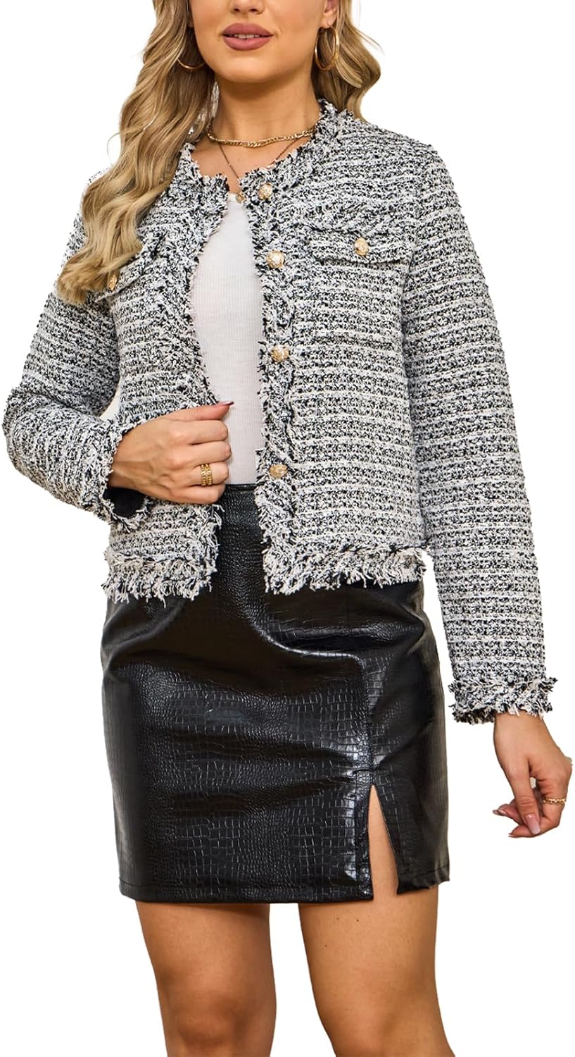 SaytoRose Women's Plaid White Tweed Blazer Open Front Collarless Blazer ...