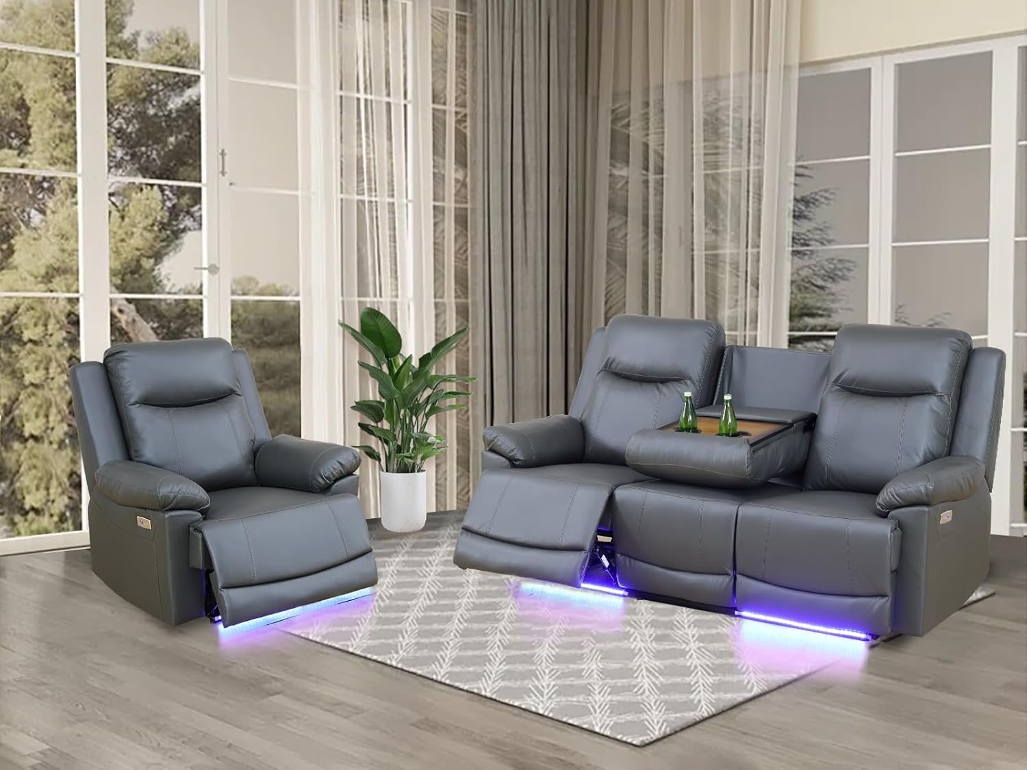 Amazon.com: Caberryne Power Recliner Sofa Set with LED Lights,Leather ...