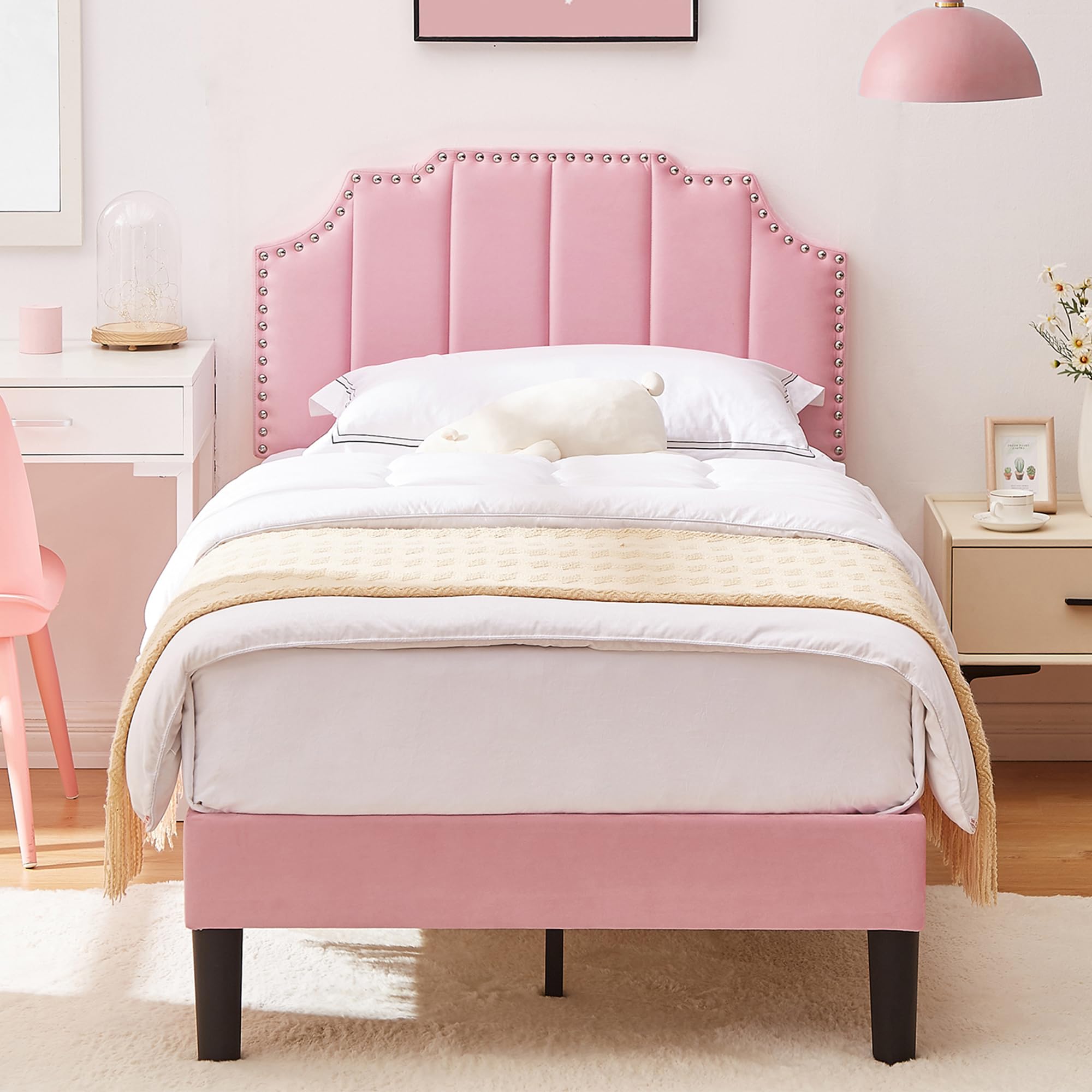 Amazon.com: VECELO Twin Upholstered Platform Bed Frame for Kids,Girls ...