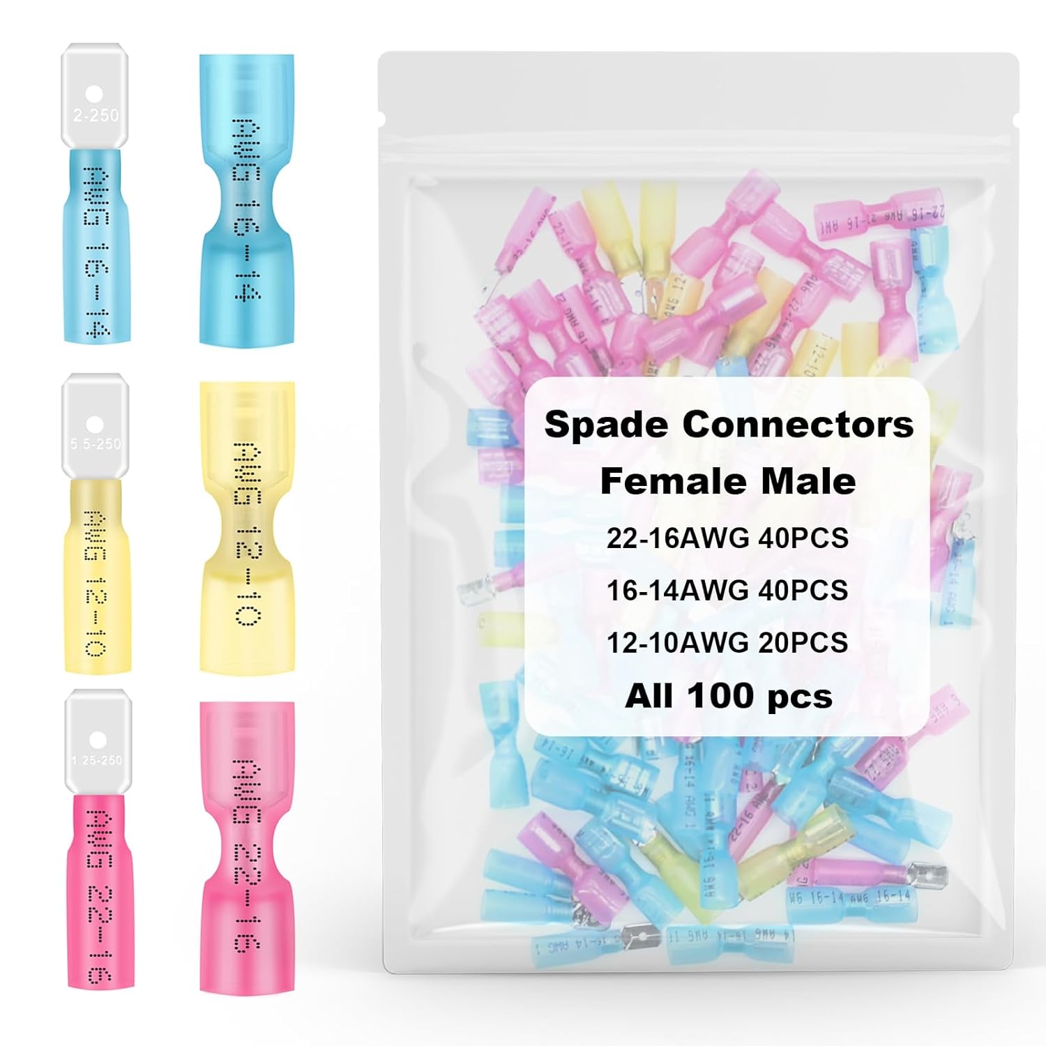 100PCS Heat Shrink Spade Connectors,12-10/16-14/22-16AWG Female Male ...