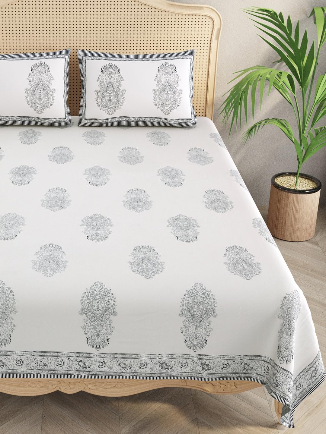 House of Gulab Handblock Print Percale Cotton King Bedsheet with 2 ...