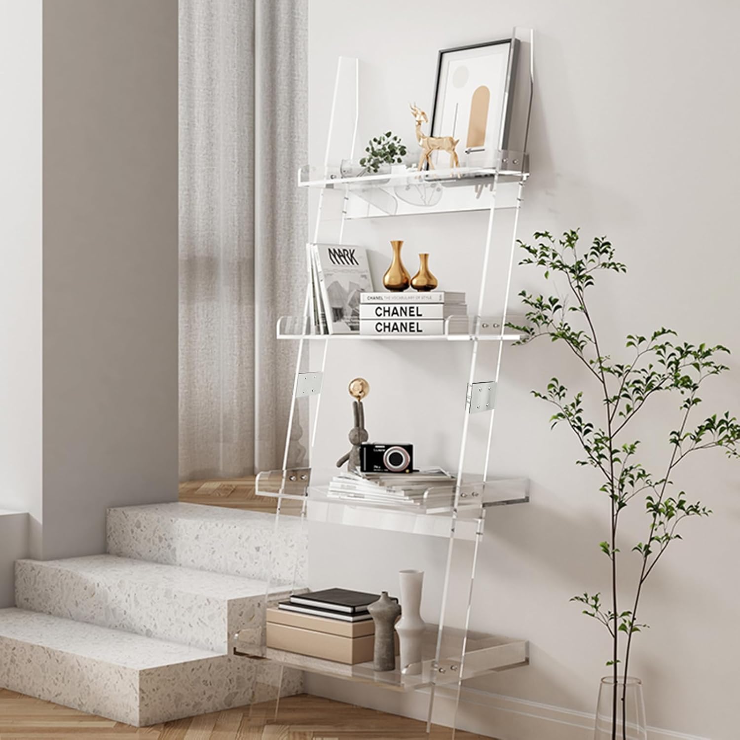 Amazon.com: Nalwort Acrylic Ladder Bookshelf, 4-Tier Clear Leaning Book ...