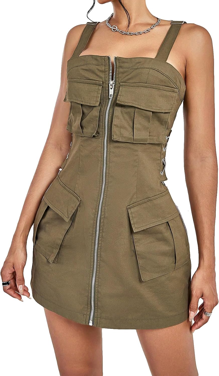 Amazon.com: Verdusa Women's Y2K Cargo Zip Up Front Metal Chain Lace Up ...