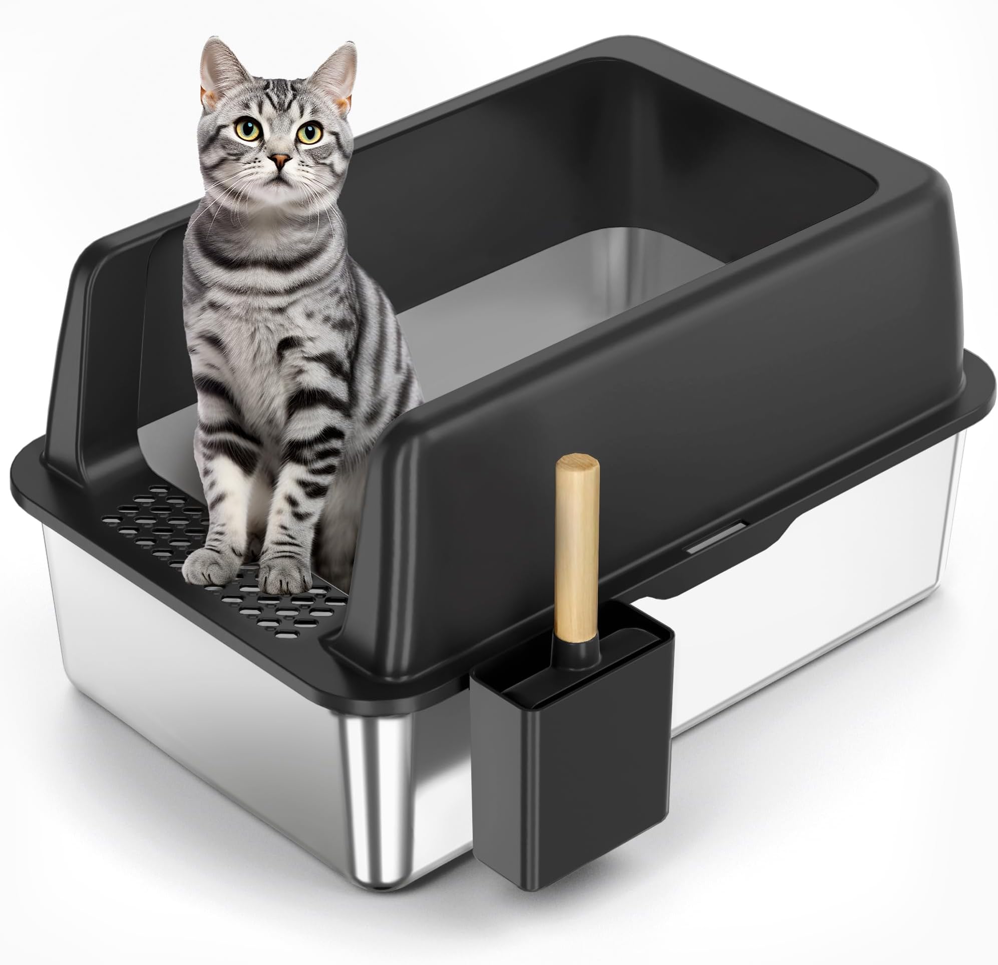 Stainless Steel Litter Box,Large Cat Litter Box with High Sides for Big ...