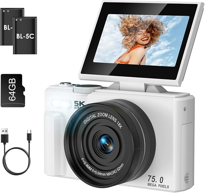 Nsyee 5K Digital Camera, 75MP Autofocus Video Blog Camera with 64G SD ...