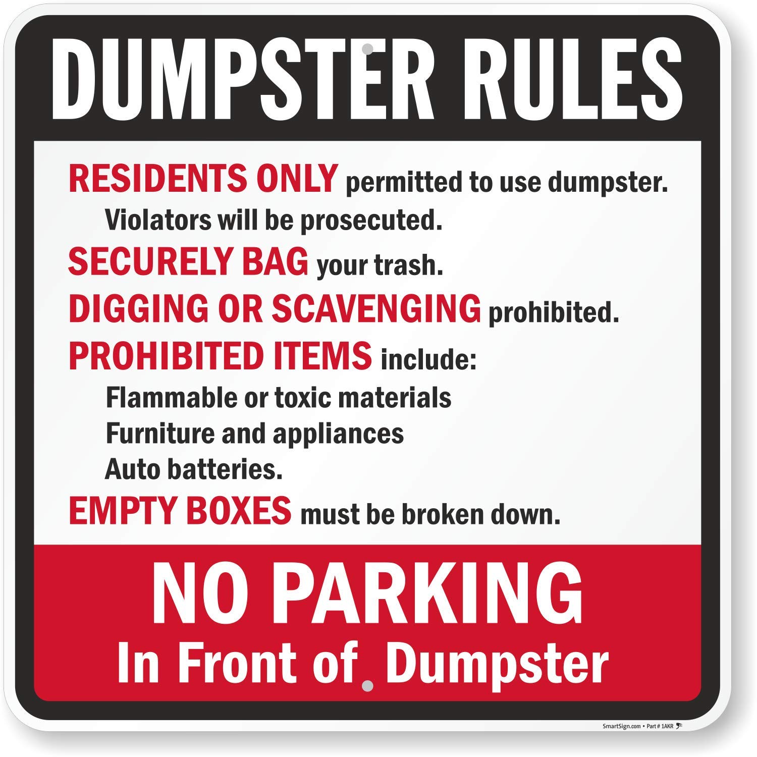 SmartSign Aluminum Sign, Legend"Dumpster Rules No Parking in Front of ...