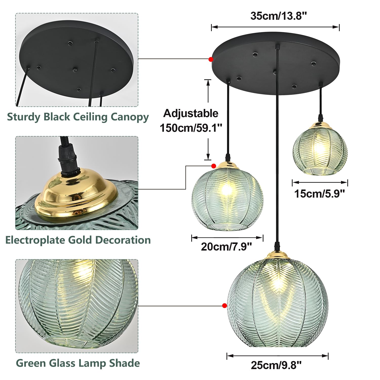 Snapklik.com : Lighting Vintage Green Glass Chandelier 3 Light Pendant ...