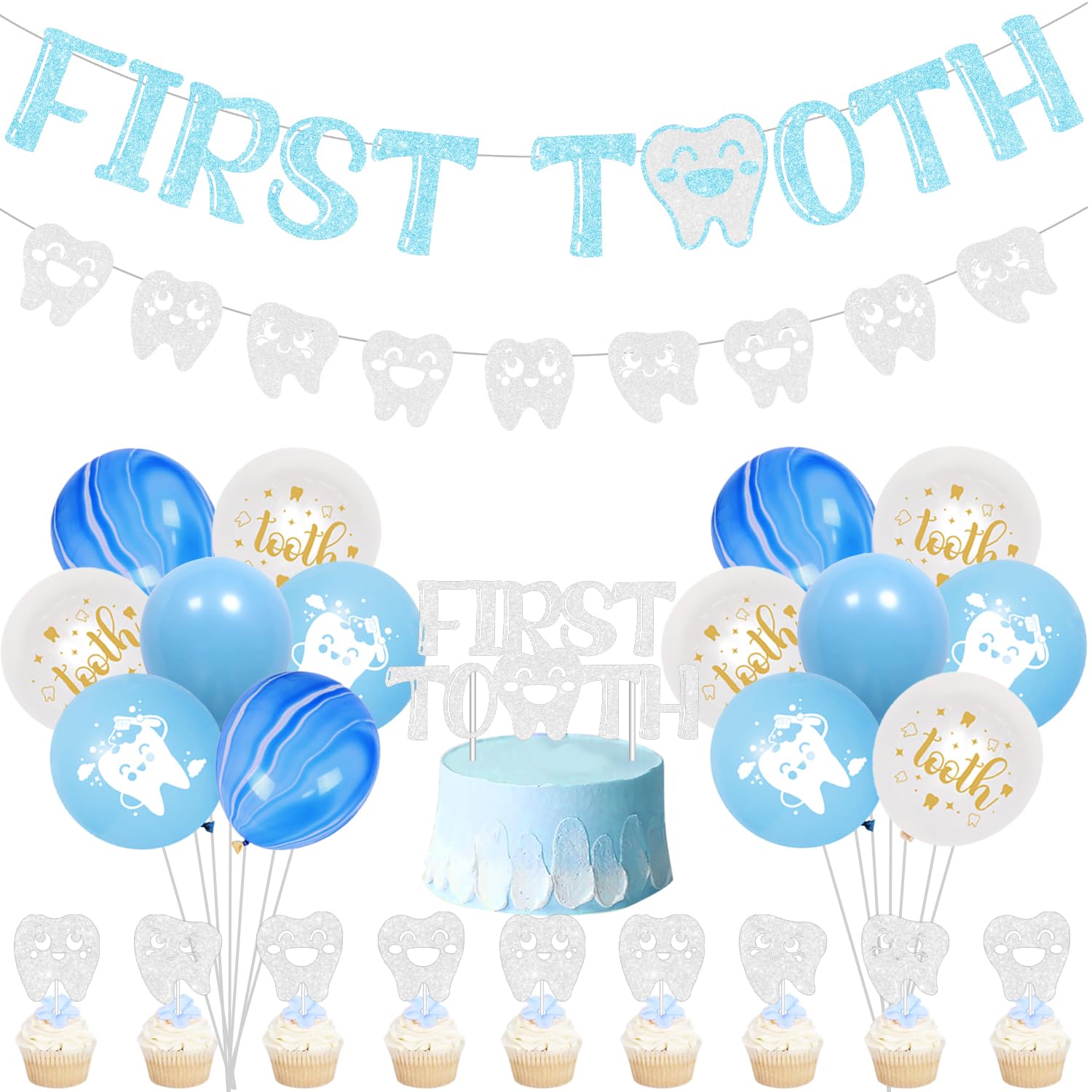 Amazon.com: First Tooth 1st Birthday Party Decorations for Boy, Blue ...