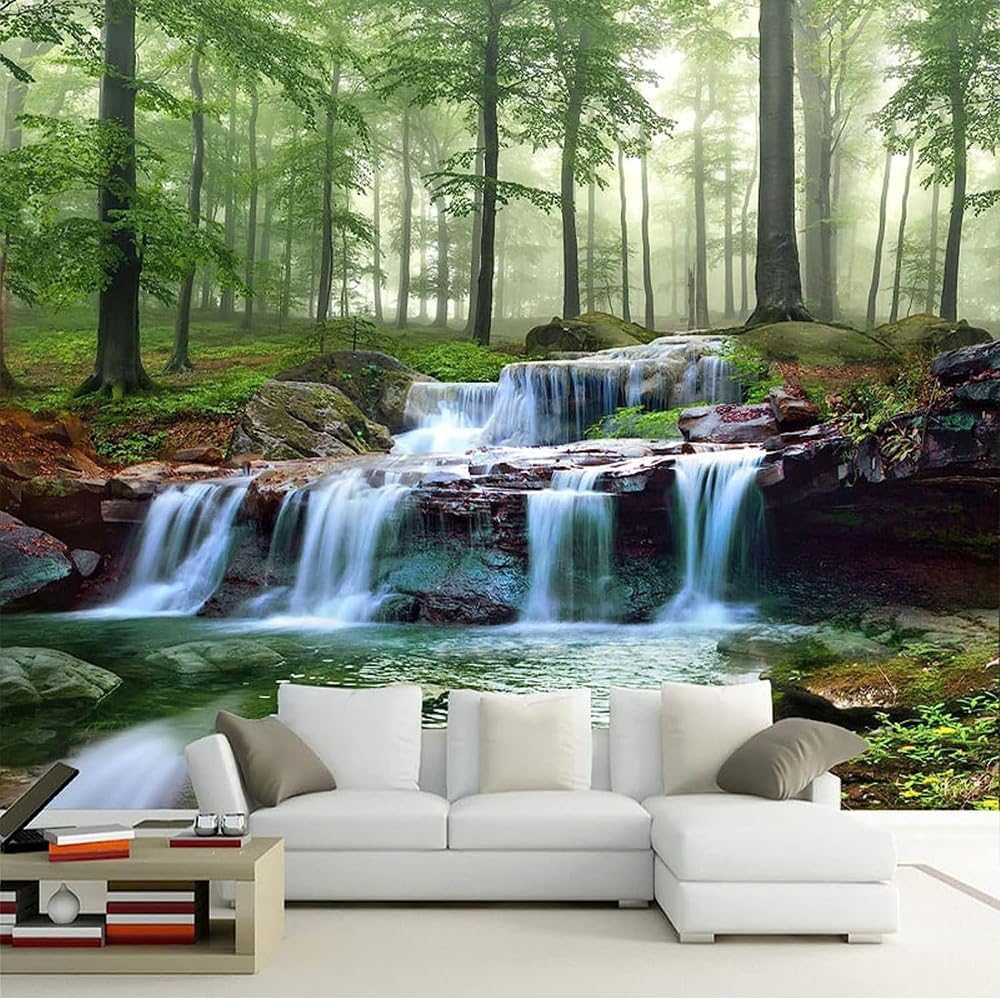 TOKMOCO Custom Waterfall Stream Wall Mural 3d Forest Landscape Peel And ...