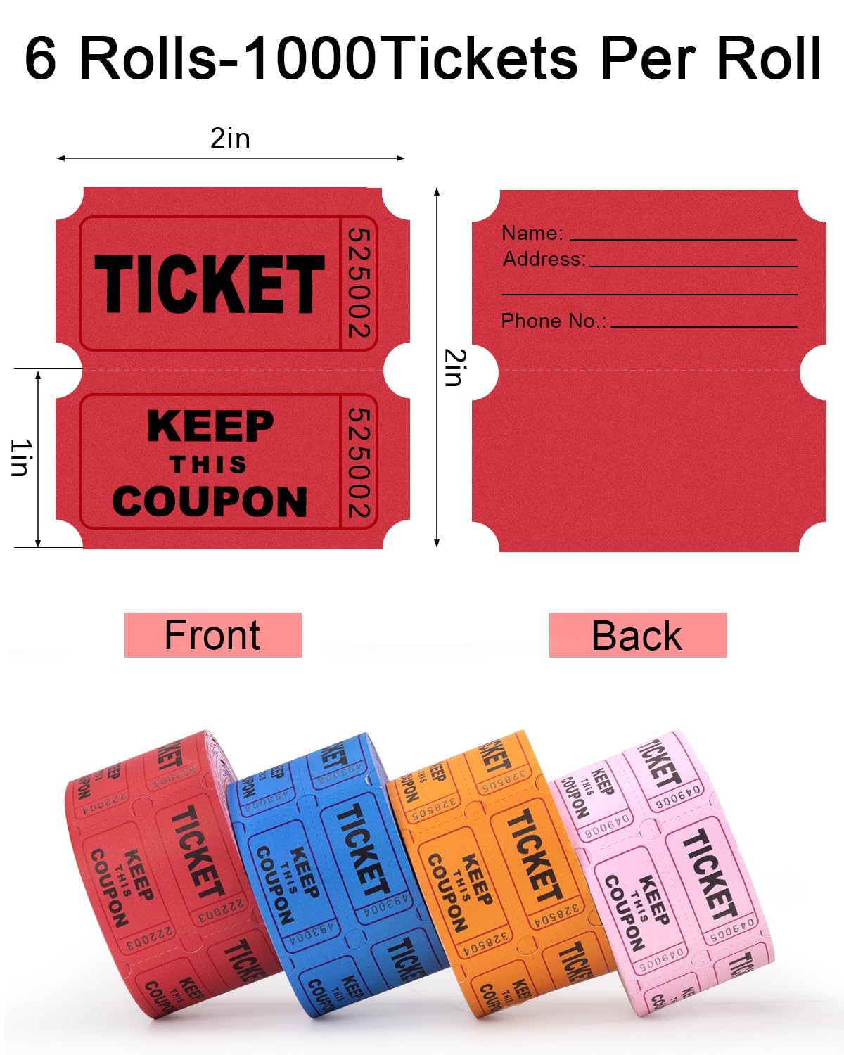Roll Colemoly - 3000 Pairs 6 Rolls 2x2 Inch 50/50 Double Tickets For ...