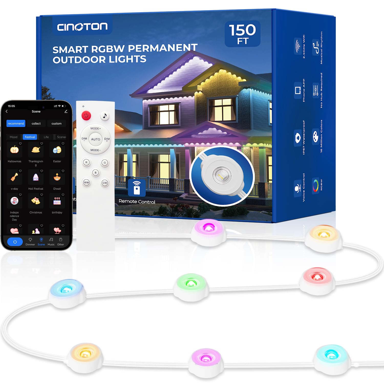 CINOTON Permanent Outdoor Lights 150ft, Smart RGBW Eaves Lights with ...